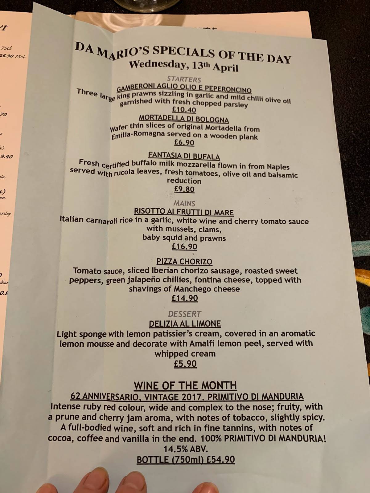Menu at Da Mario Kensington restaurant, London, 15 Gloucester Rd