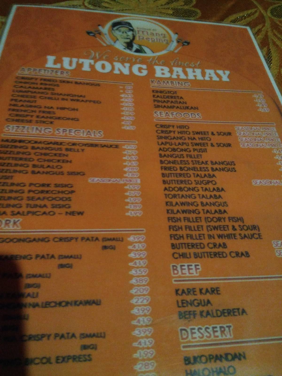 Menu at Kainan ni Mang Peping restaurant, Dagupan, 28JG+M7J