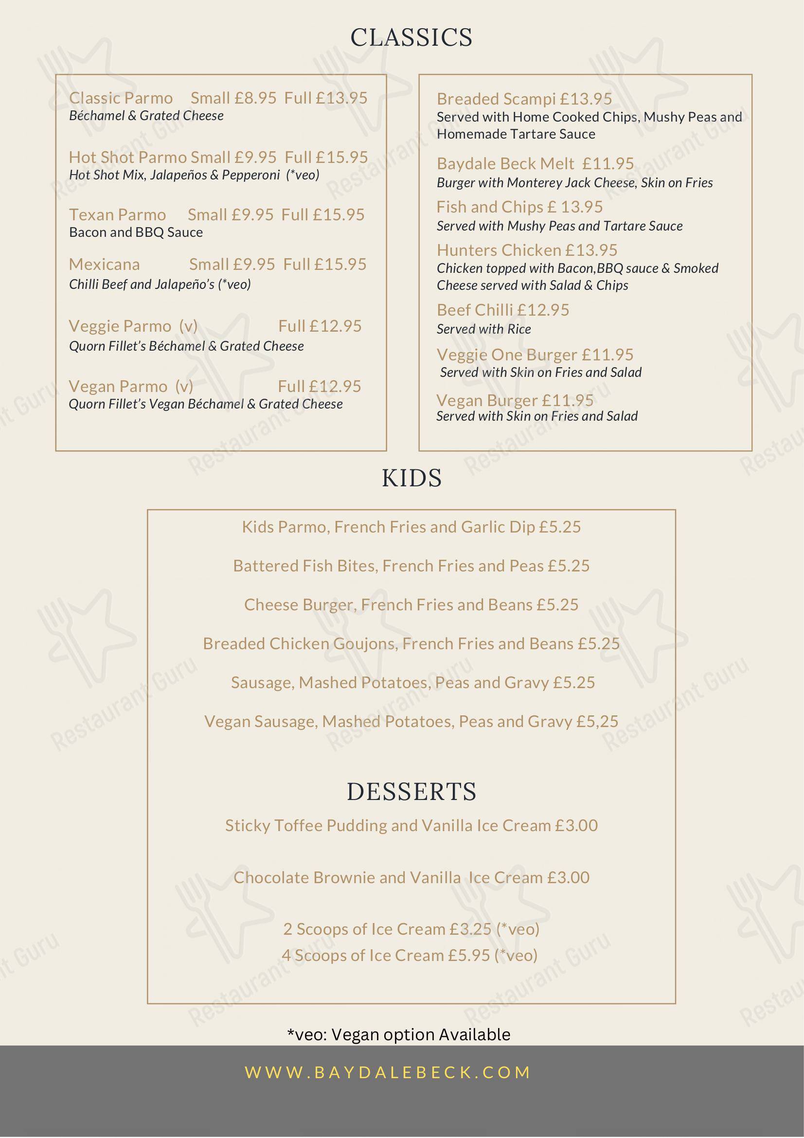 Menu at Baydale Beck Inn pub & bar, Darlington