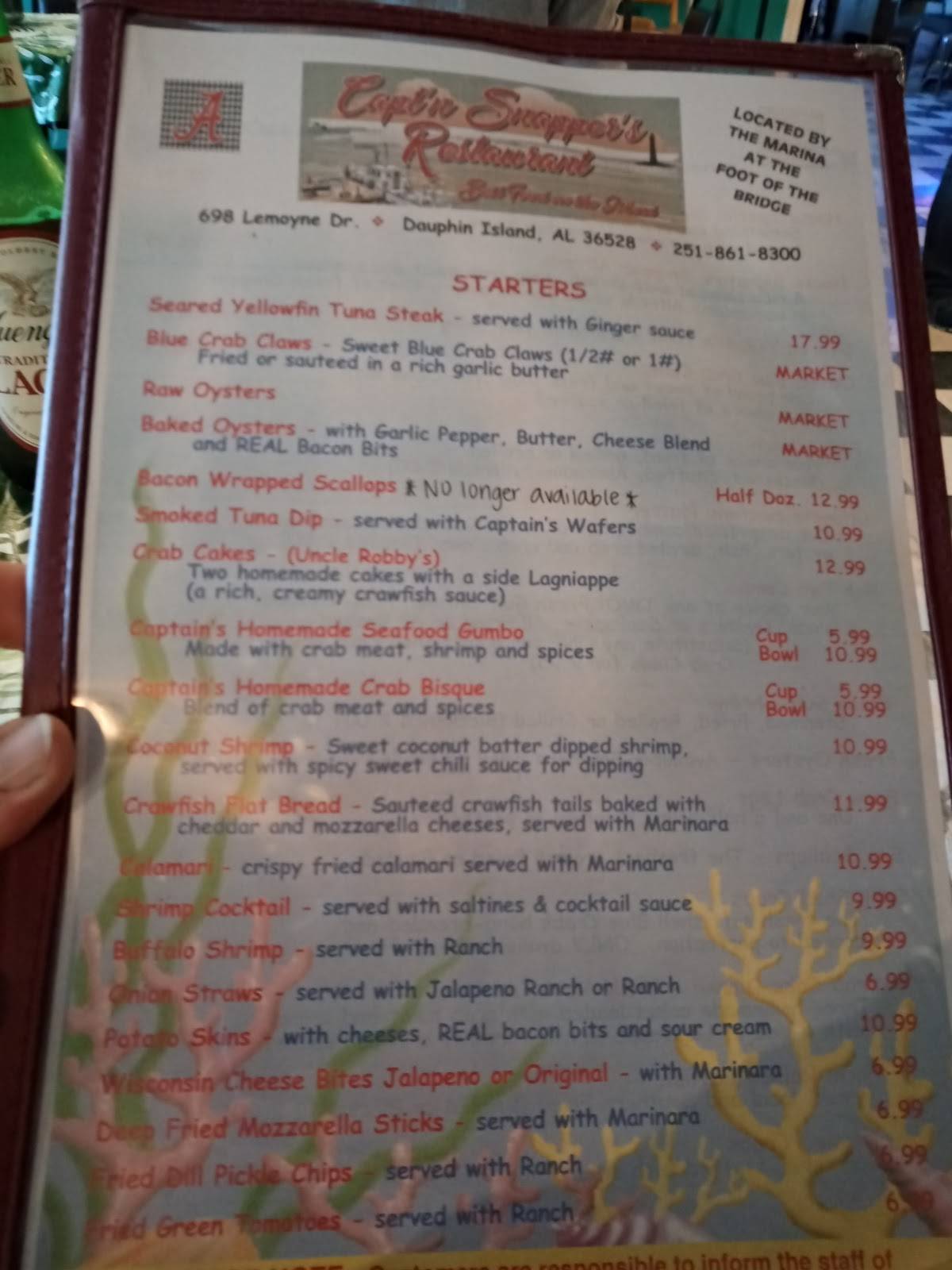 Menu at Capt'n Snapper's restaurant, Dauphin Island