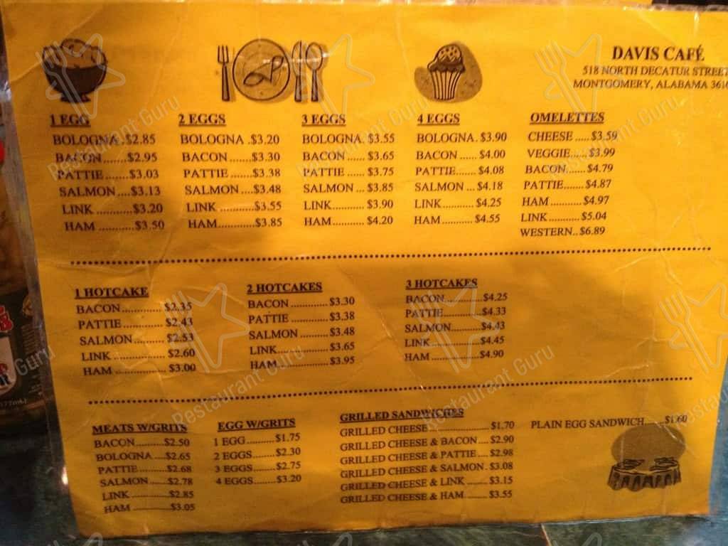 Menu at Davis Cafe, Montgomery