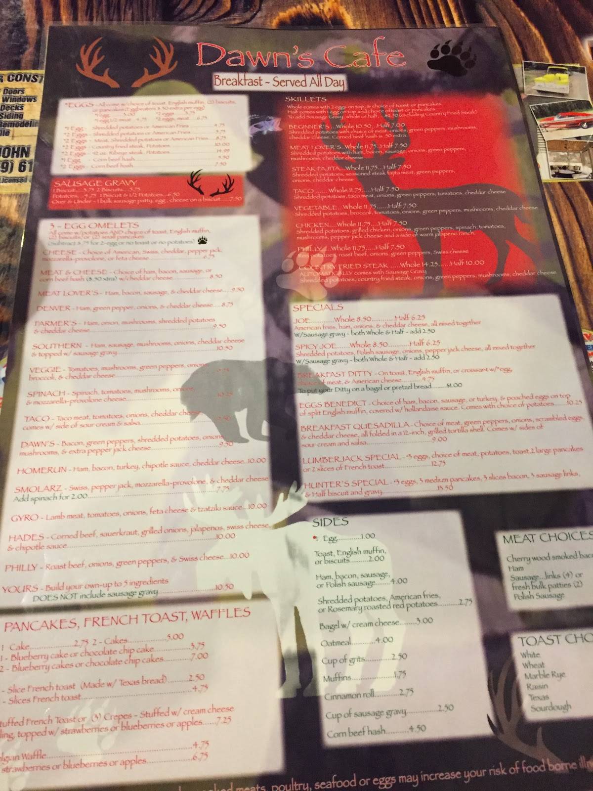 Menu at Dawn's Cafe, Colon