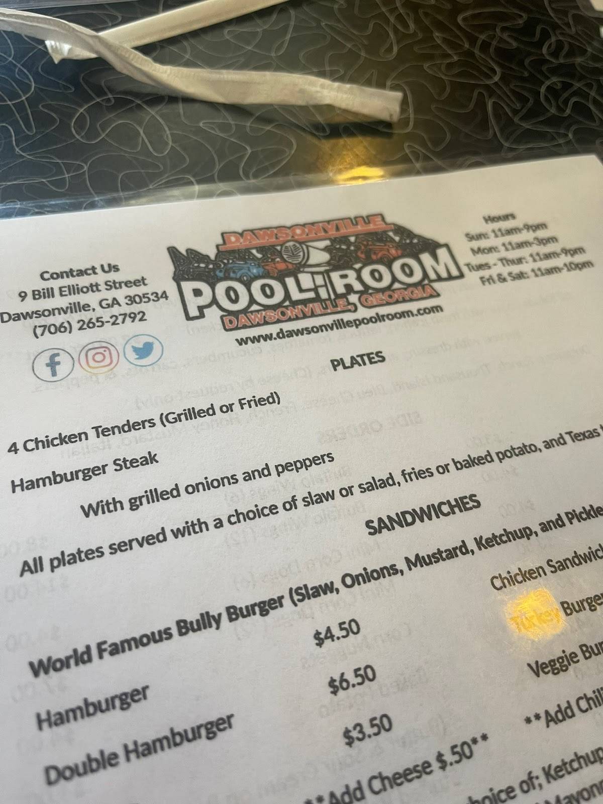 Menu at Dawsonville Pool Room restaurant, Dawsonville