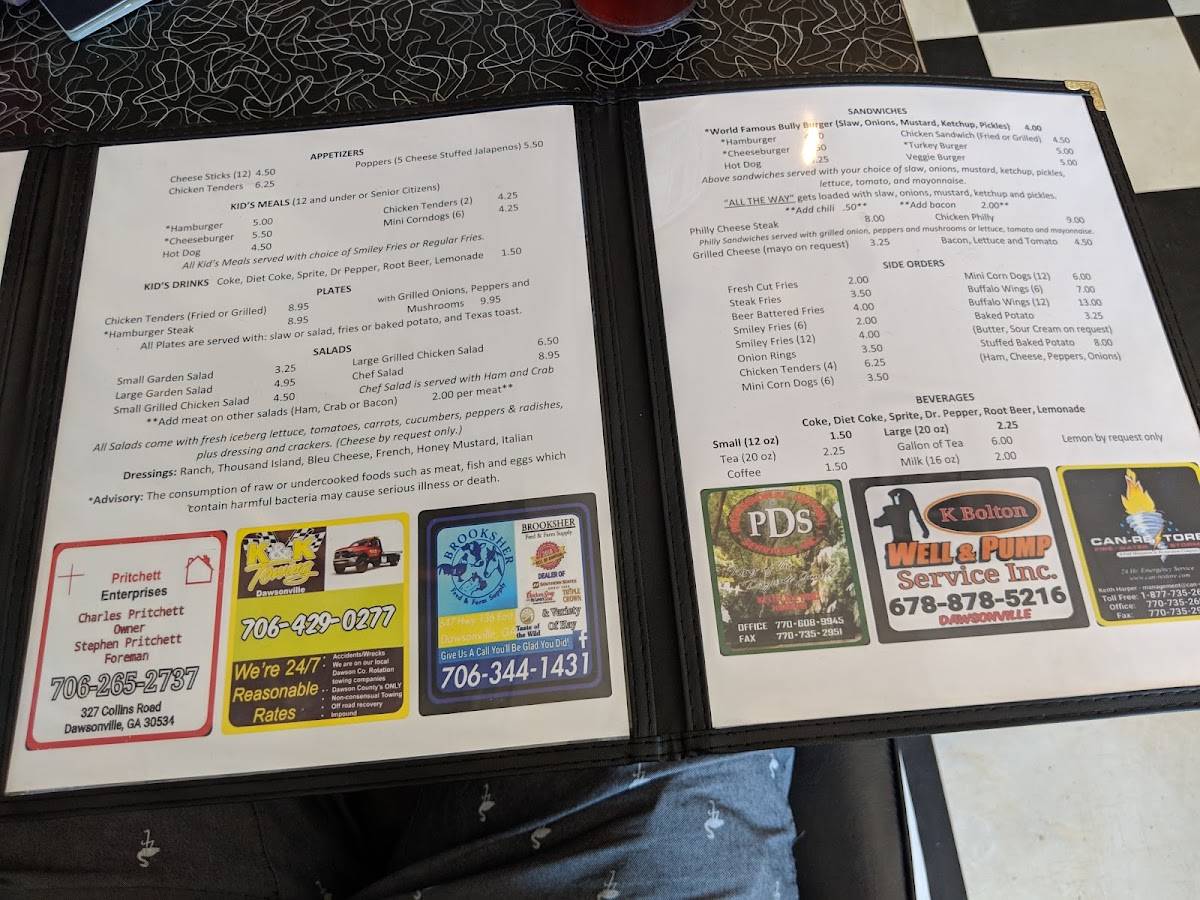 Menu at Dawsonville Pool Room restaurant, Dawsonville