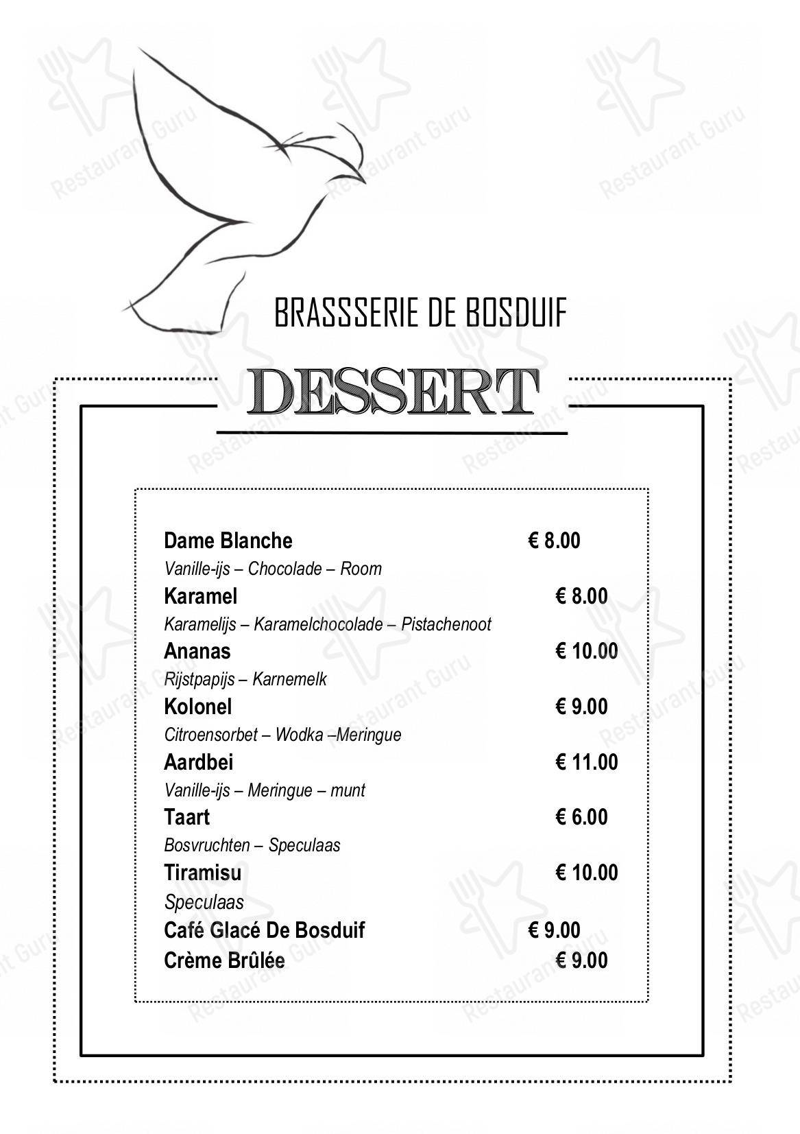 Menu at Brasserie de Bosduif, Merksplas, Steenweg op Turnhout 191
