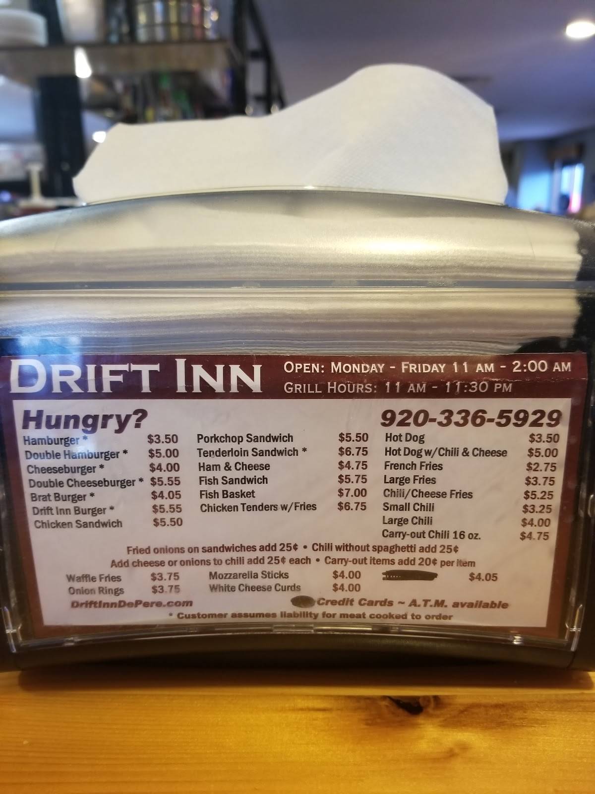 Menu at Drift Inn restaurant, De Pere