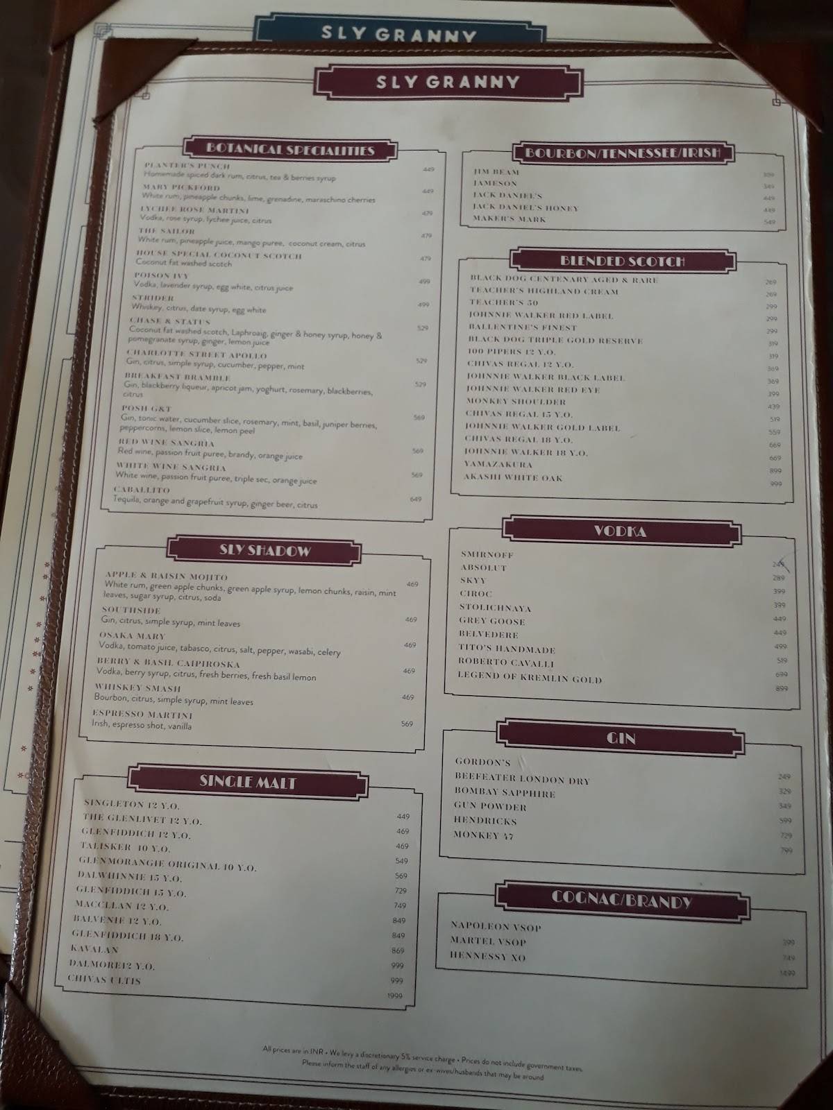 Menu at Sly Granny, Dehradun
