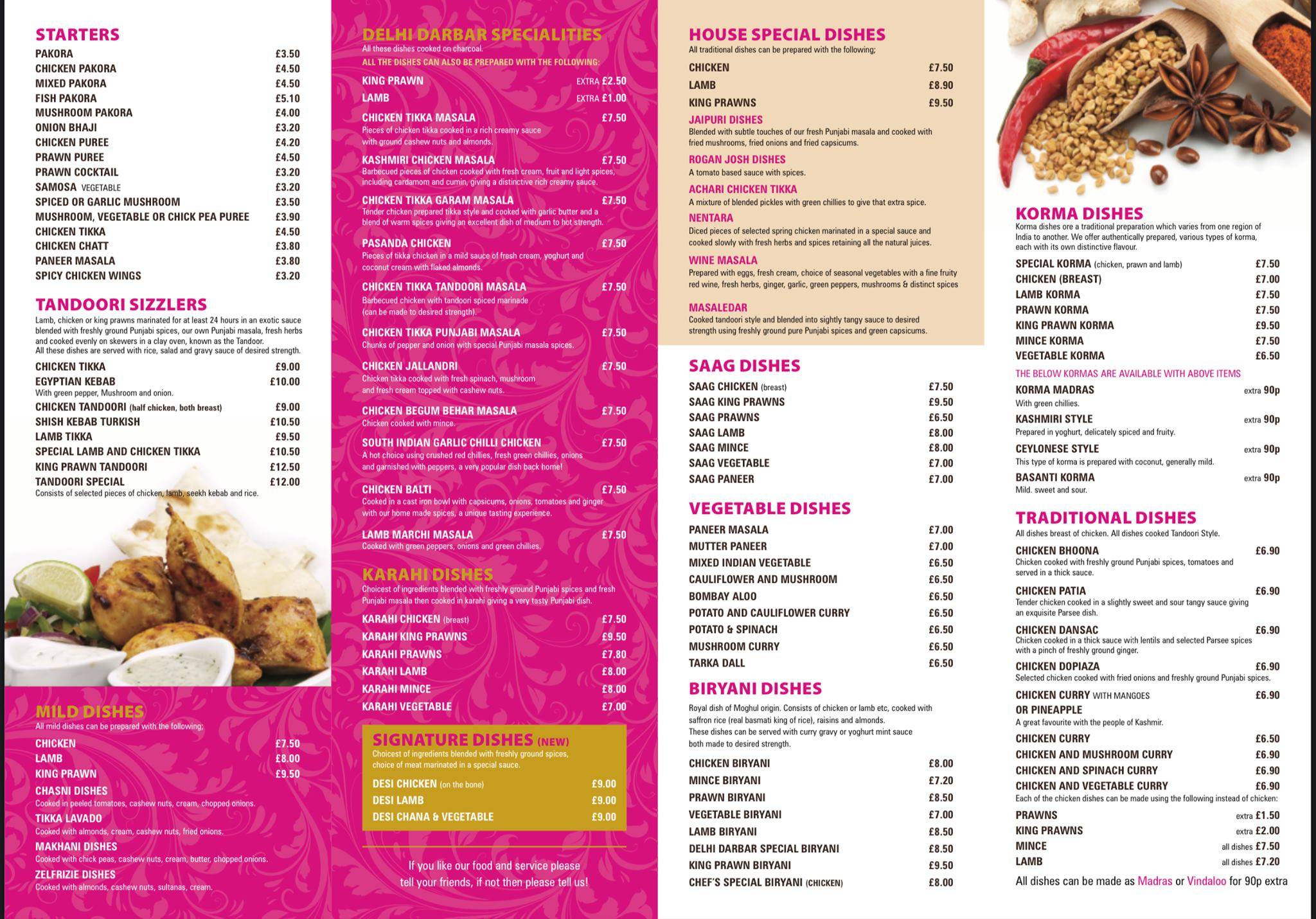 Menu at Delhi Darbar Restaurant, Dumbarton, 151 Glasgow Rd