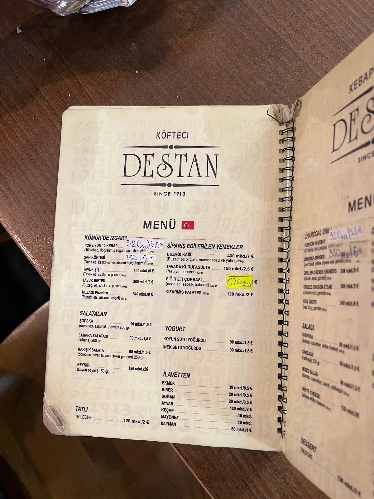 Menu at Destan restaurant, Skopje, Казанџиска