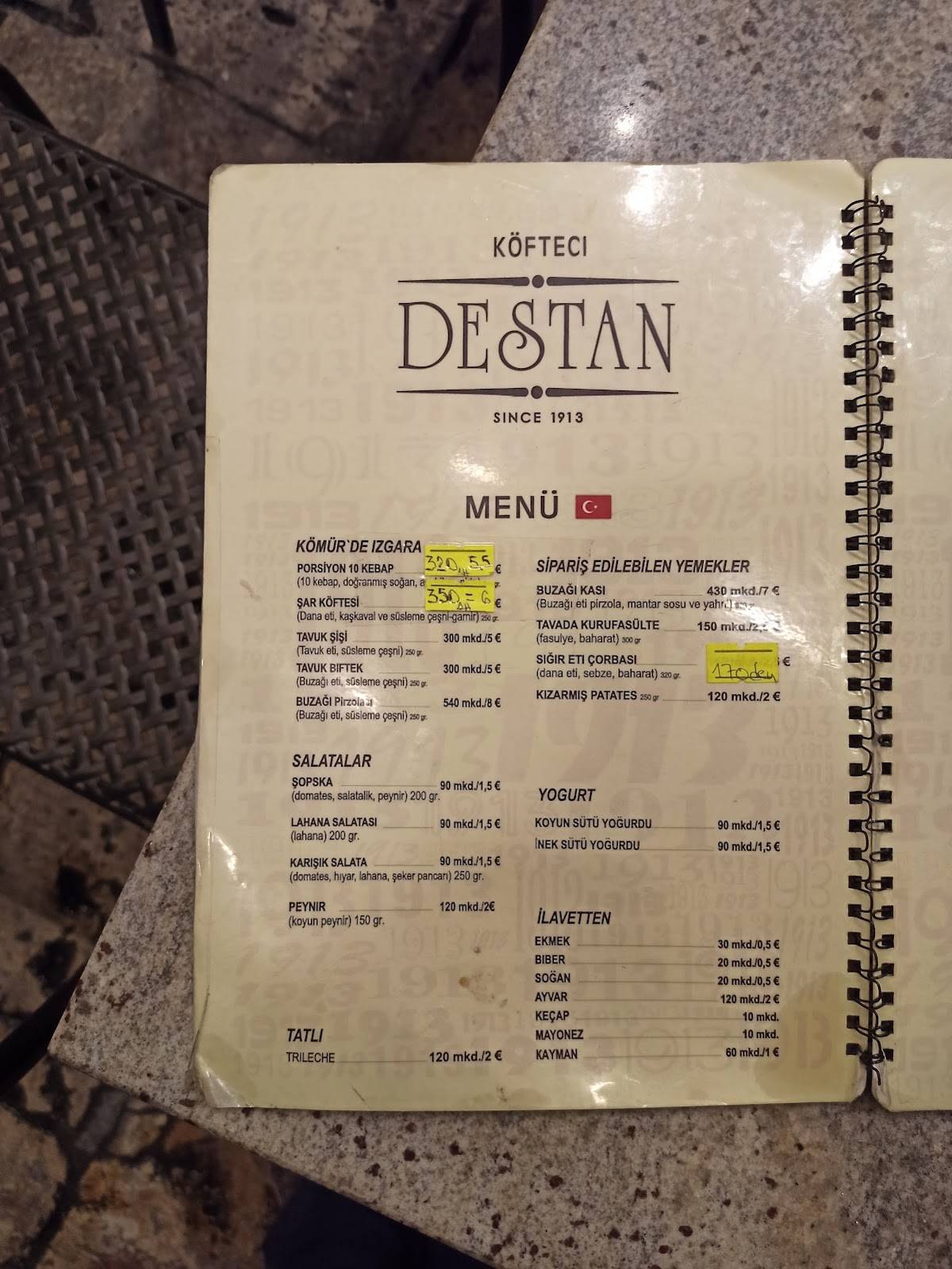 Menu at Destan restaurant, Skopje, Казанџиска