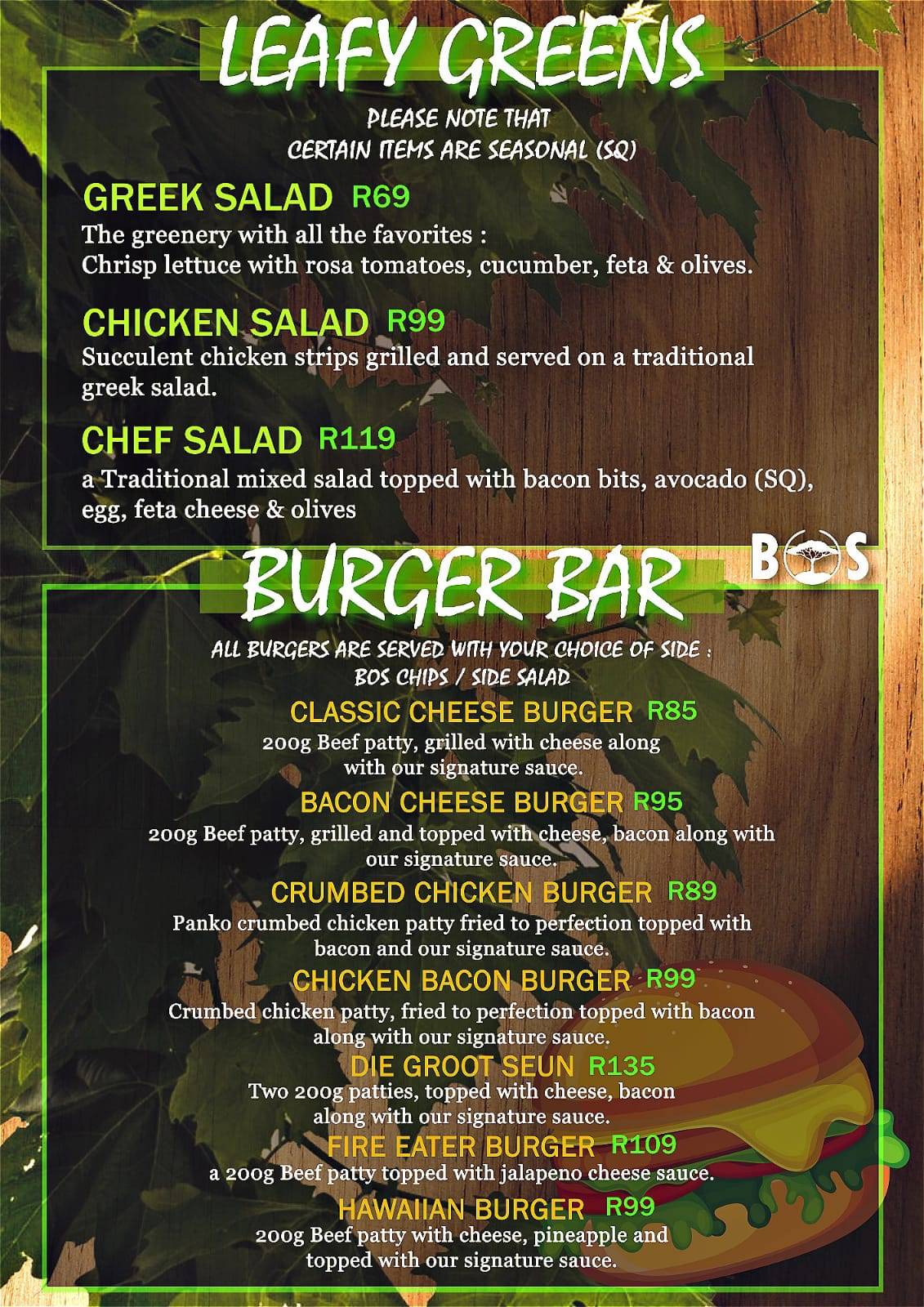 Menu at Die Bos Restaurant & Function Venue, Pretoria