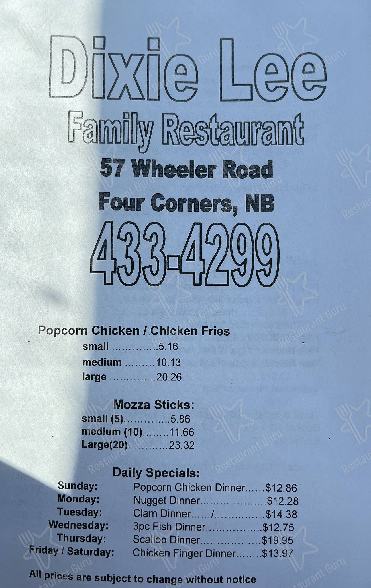 Menu at Dixie Lee restaurant, Four Corners