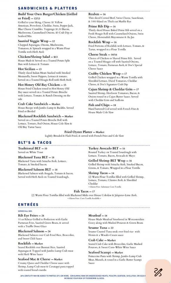 Menu at Doc's Downtown Grille restaurant, Easton