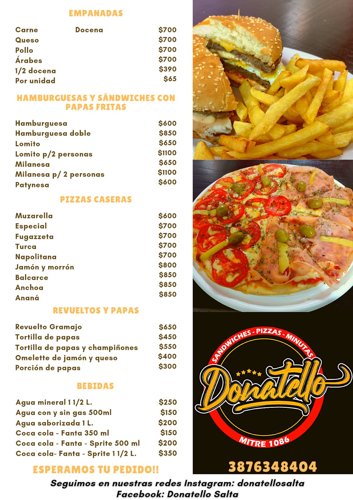 Menu at Donatello restaurant, Salta