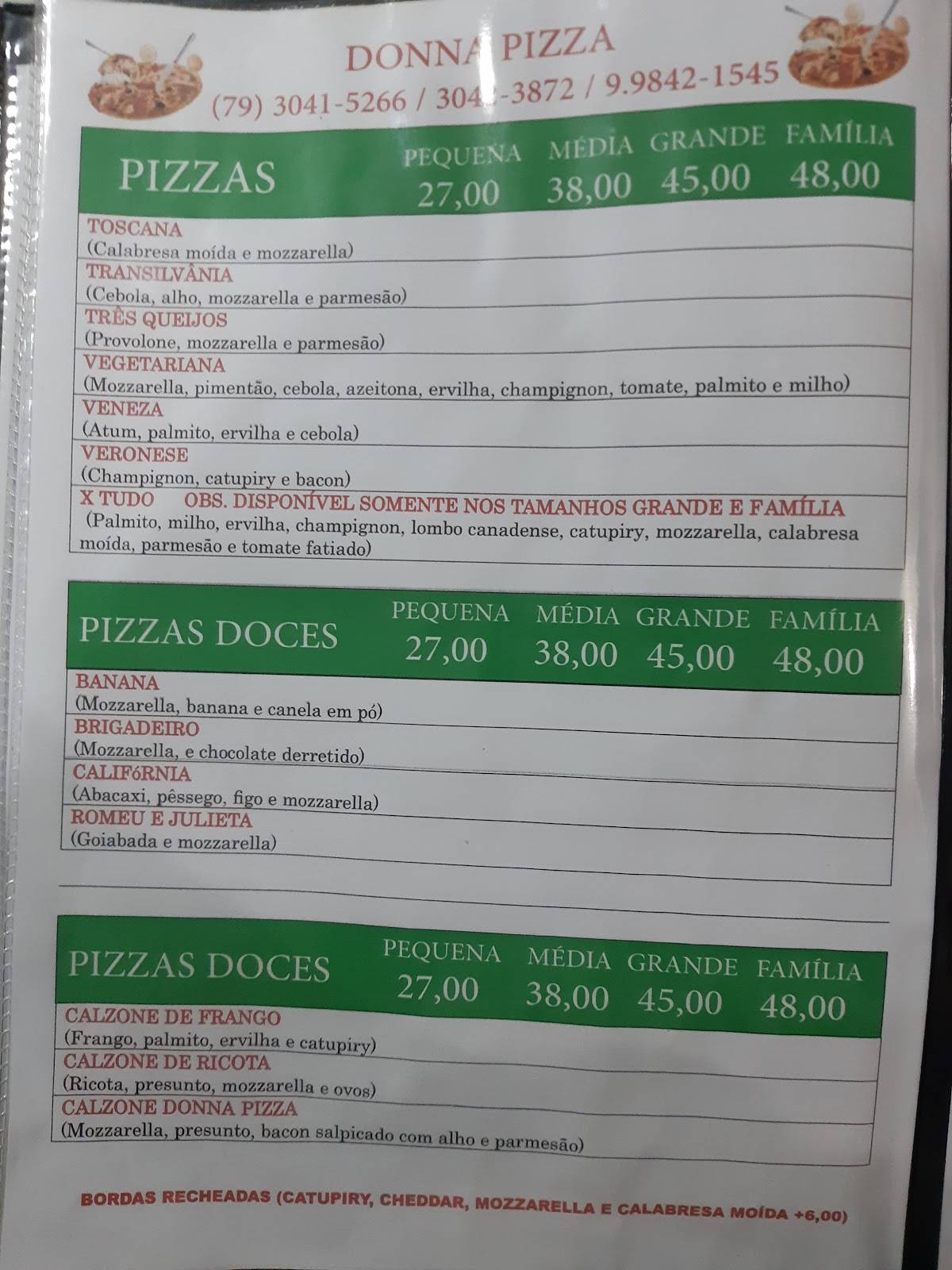 Menu em Donna Pizza restaurante, Aracaju