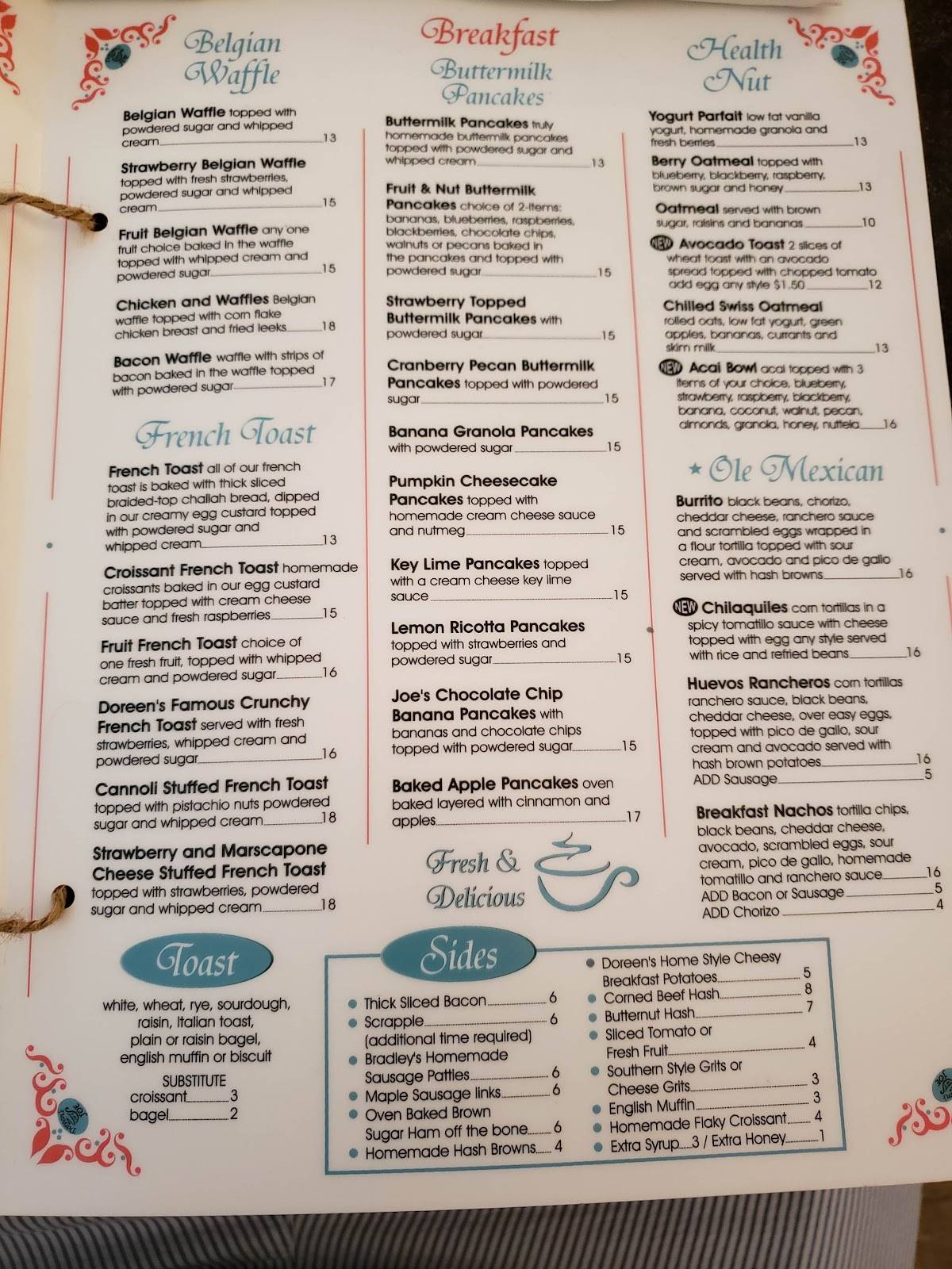 Menu at Doreen's Cup of Joe restaurant, Marco Island