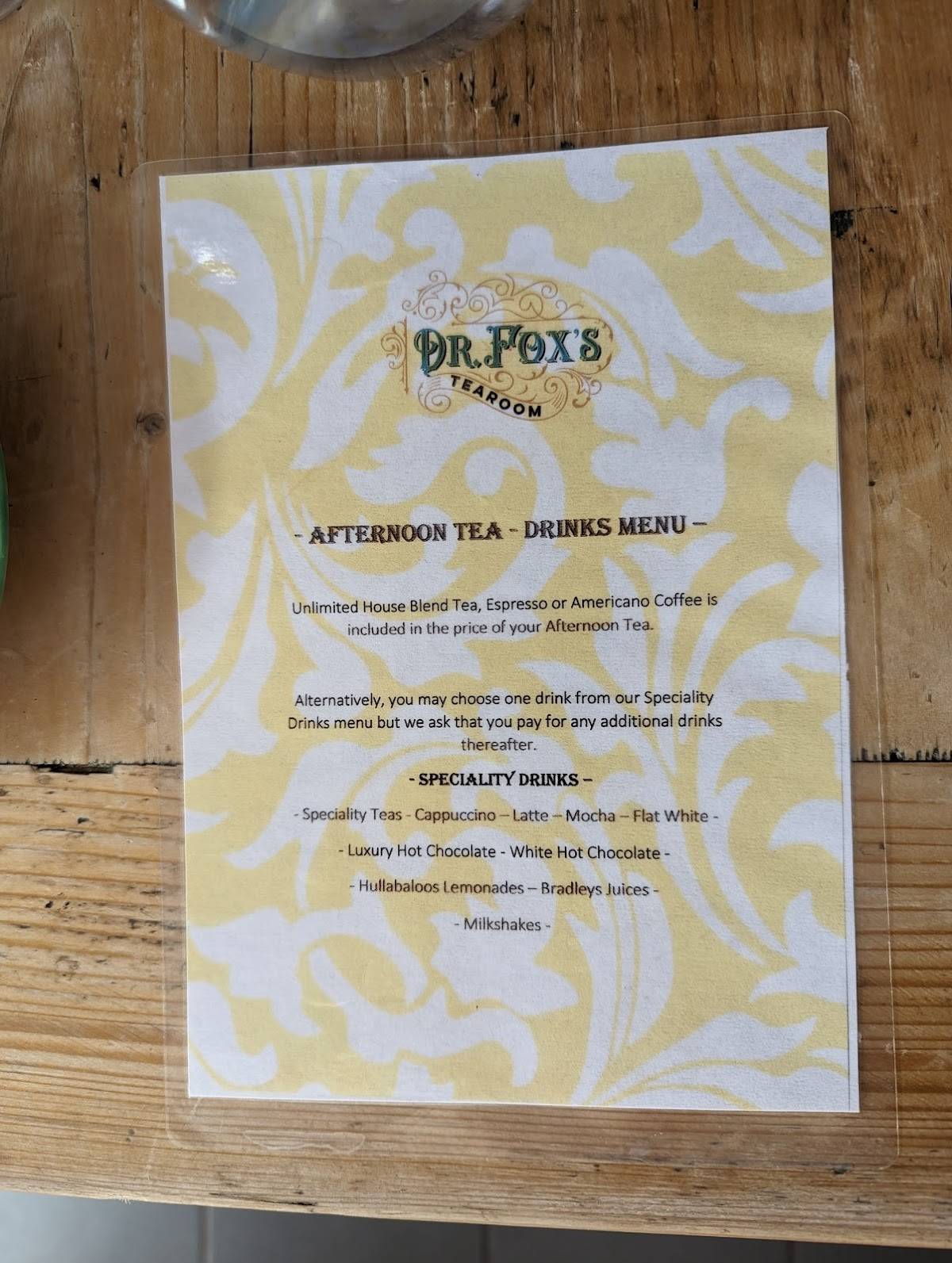 Menu at Dr Fox's Tearoom cafe, Weston-super-Mare