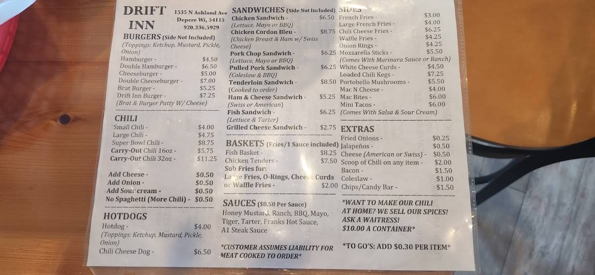 Menu at Drift Inn restaurant, De Pere