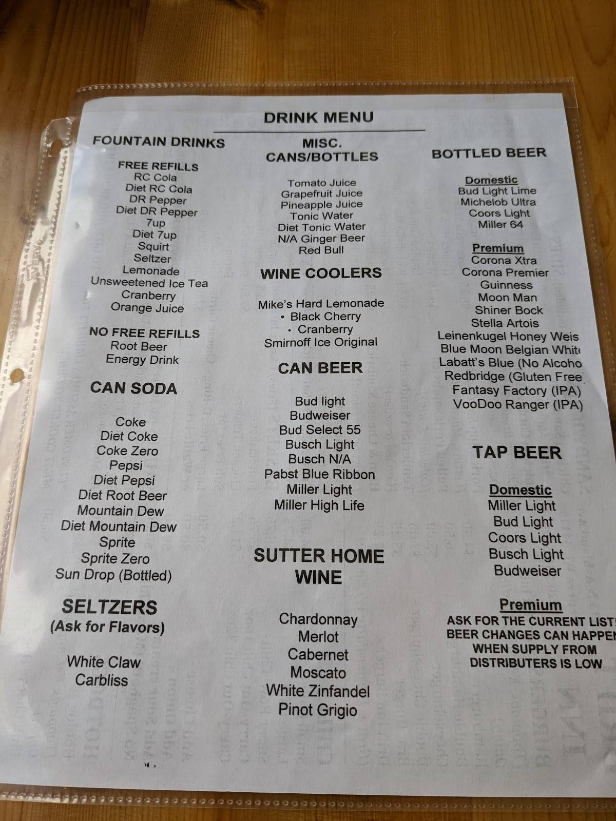 Menu at Drift Inn restaurant, De Pere
