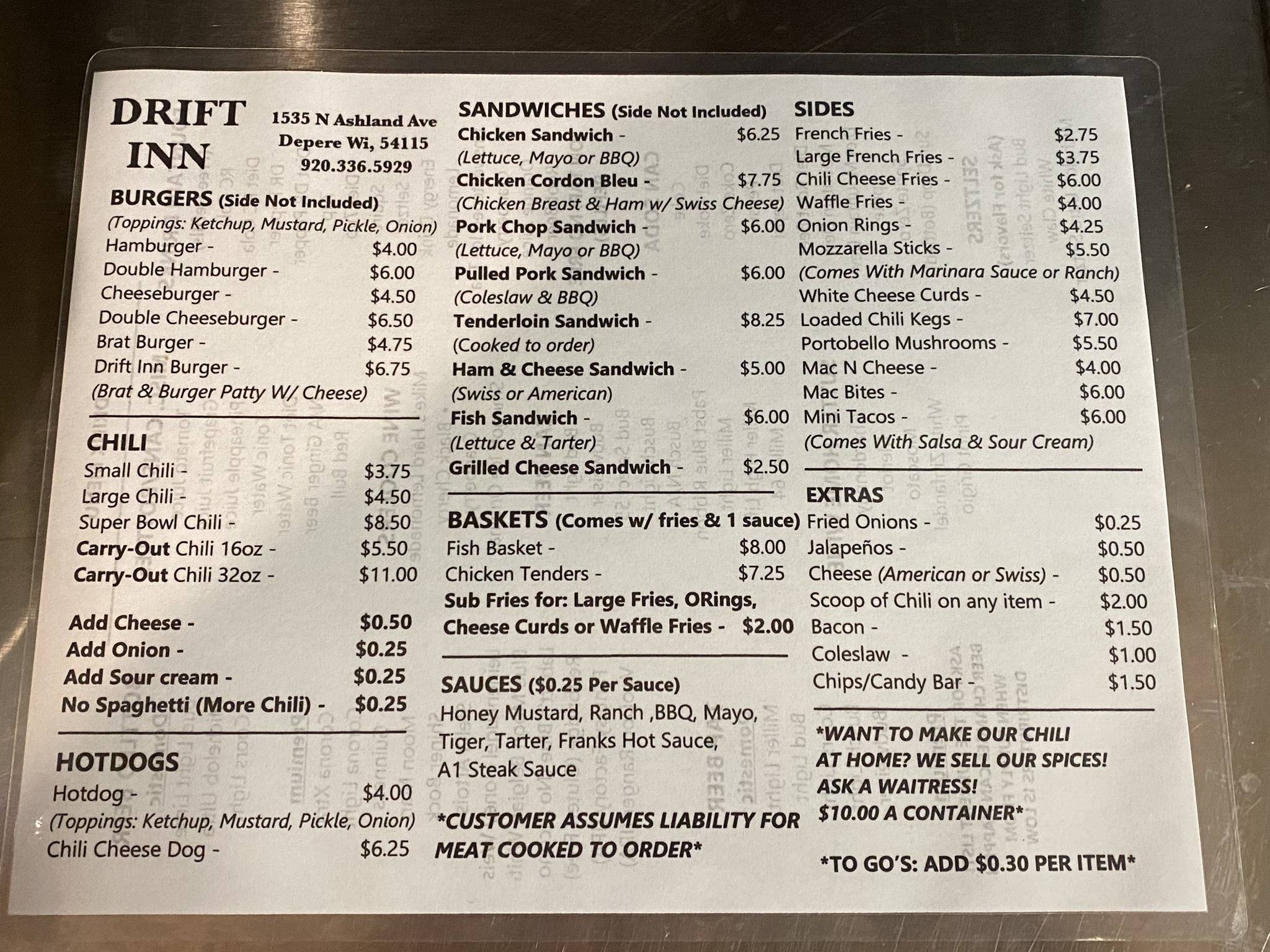 Menu at Drift Inn restaurant, De Pere