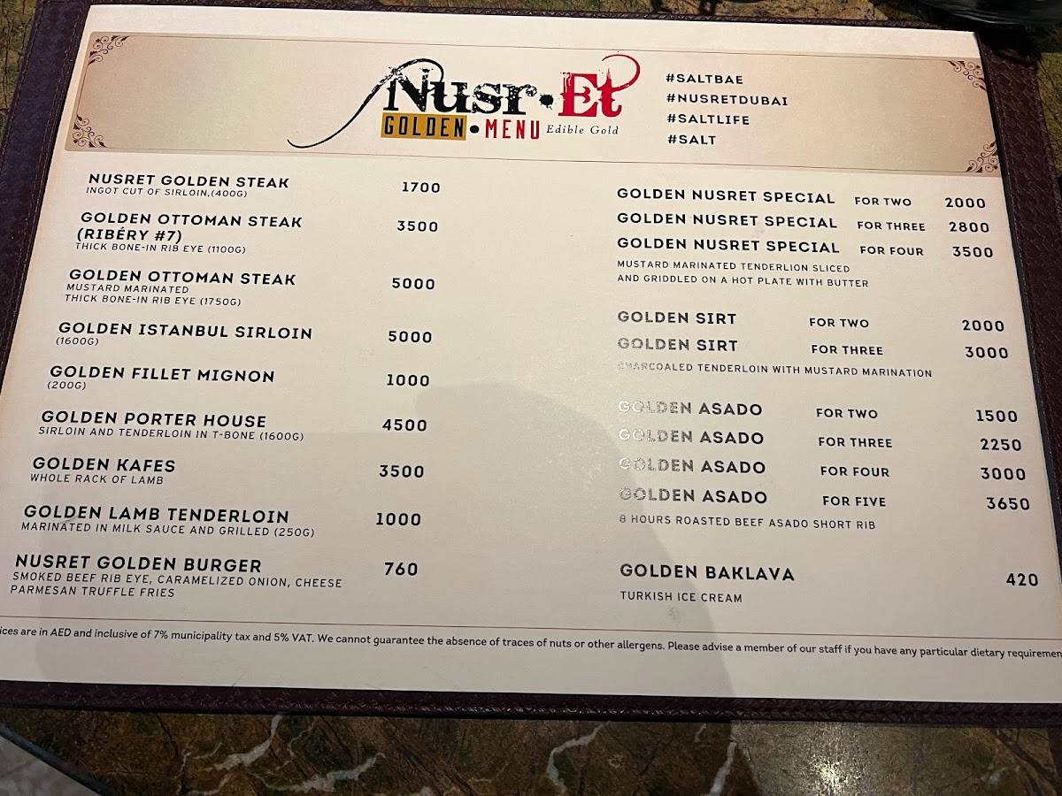 Menu at Nusr-Et Steakhouse Dubai, Dubai, Restaurant Village Four ...