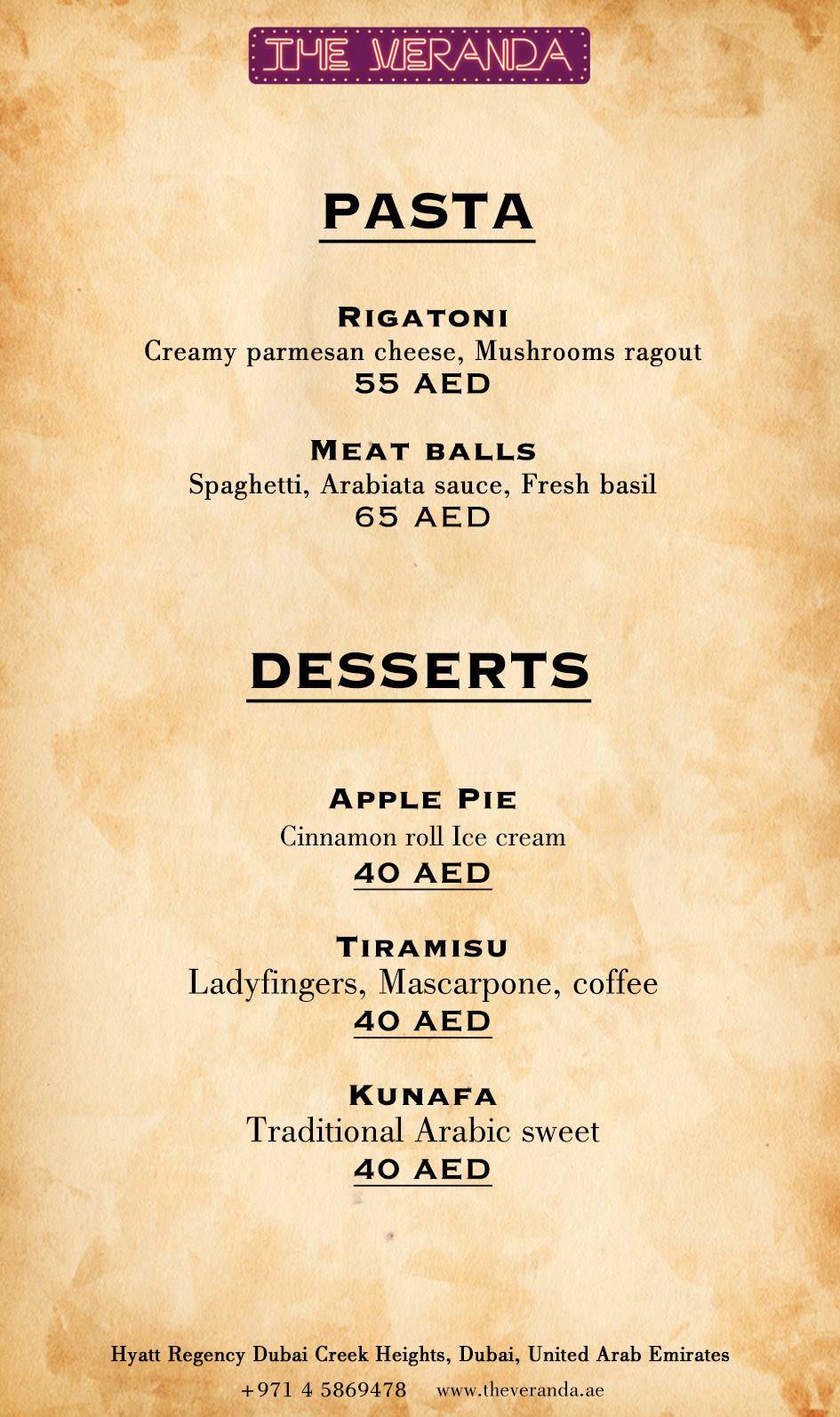 Menu at The Veranda restaurant, Dubai, 68MF+PHM - Hyatt Regency Creek ...