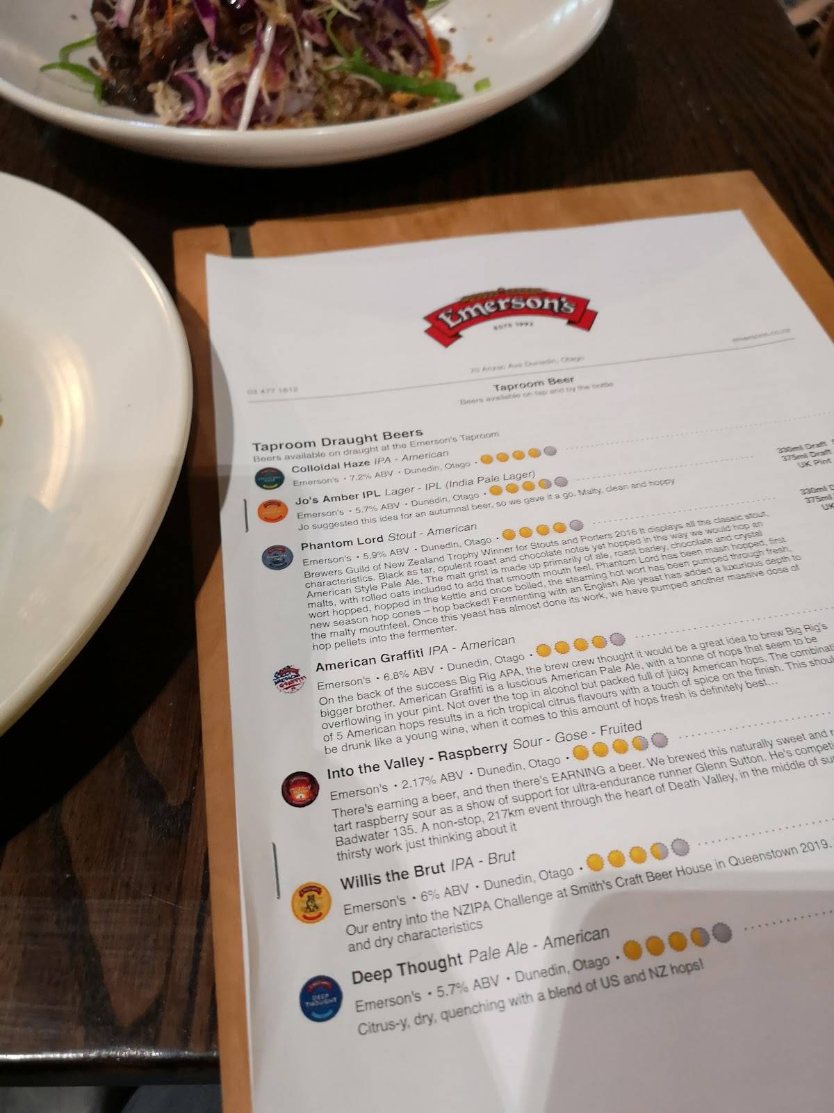 Menu at Emerson's Brewery pub & bar, Dunedin