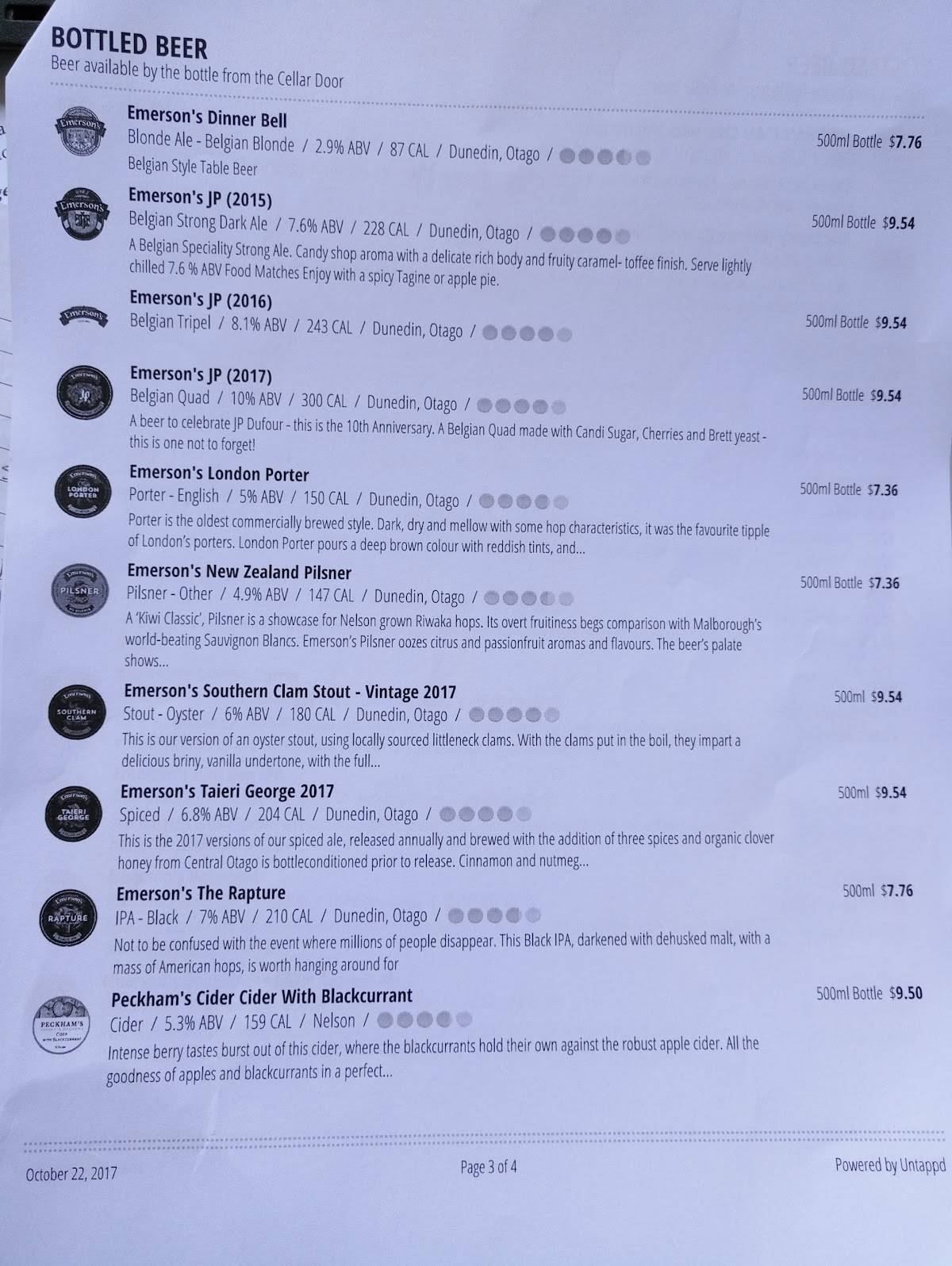 Menu at Emerson's Brewery pub & bar, Dunedin