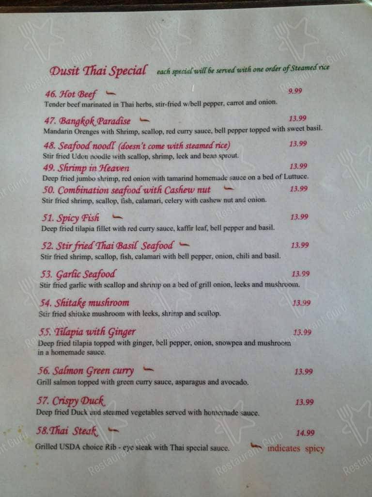 Menu at Dusit Thai Cuisine restaurant, Mountain Home