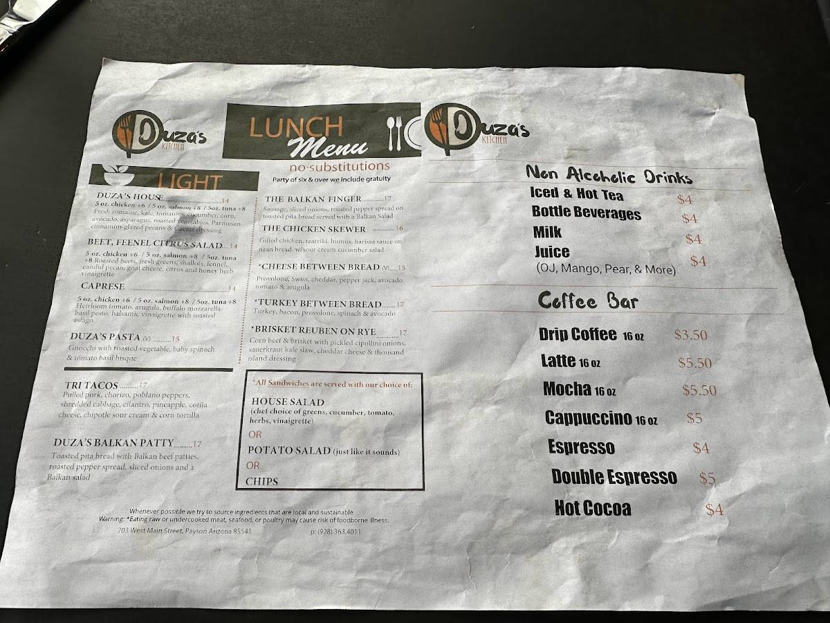 Menu at Duza's Kitchen restaurant, Payson, 703 W Main St