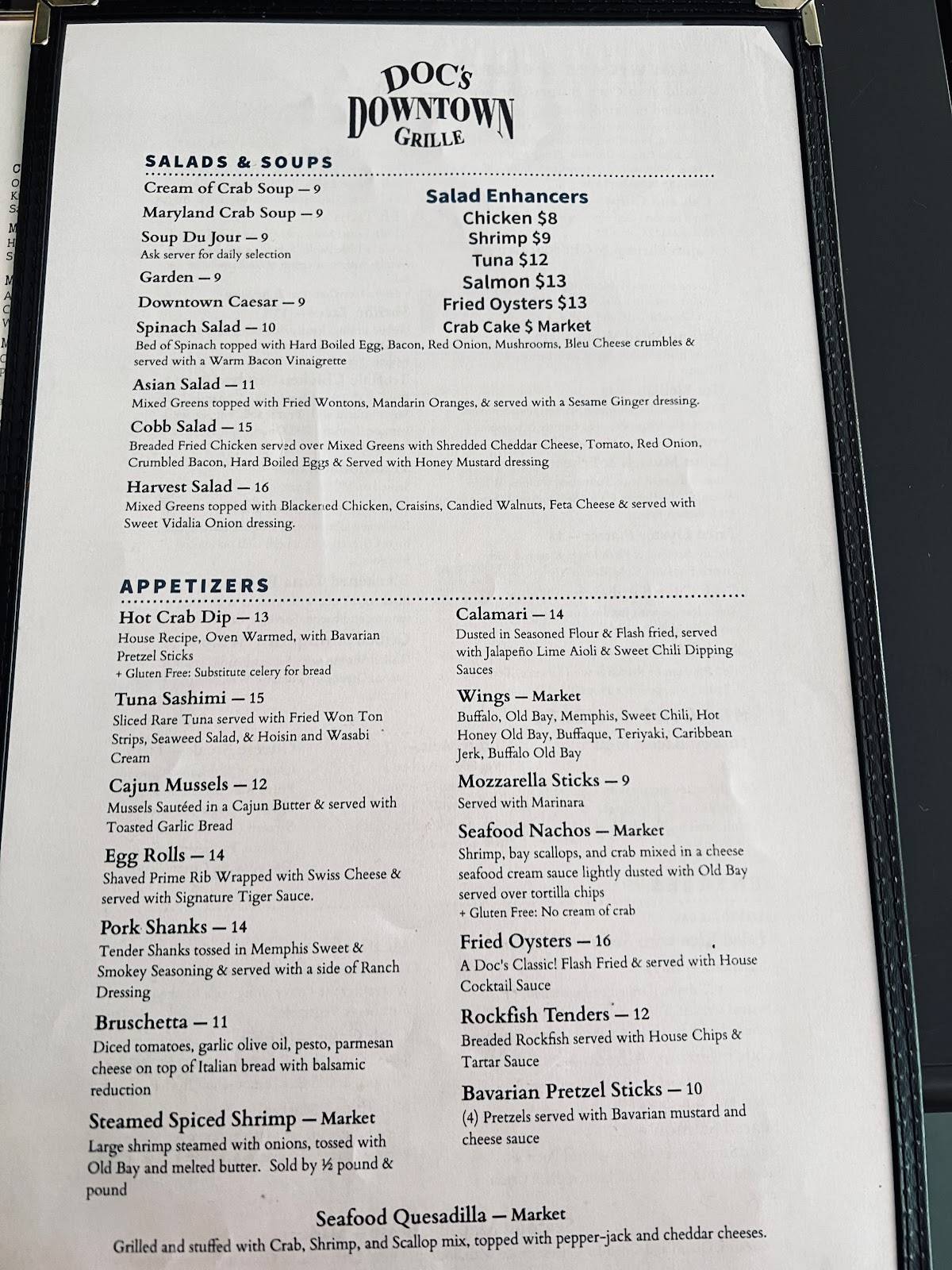 Menu at Doc's Downtown Grille restaurant, Easton