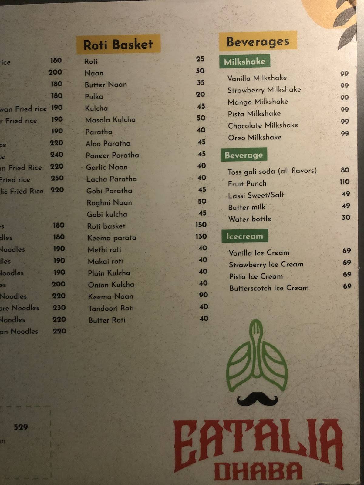 Menu at Eatalia dhaba, Secunderabad