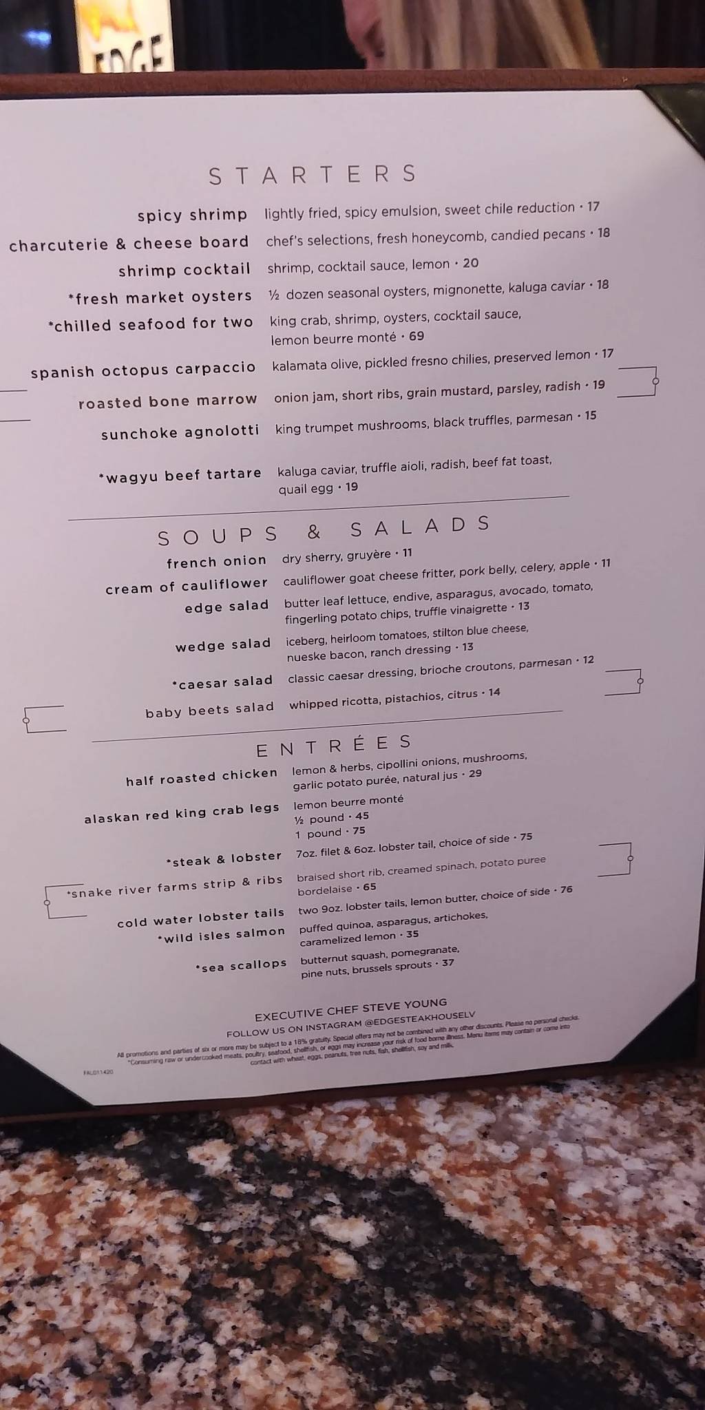 Menu at Edge Steakhouse, Las Vegas