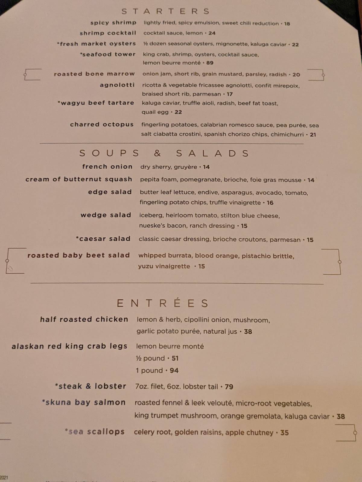 Menu at Edge Steakhouse, Las Vegas