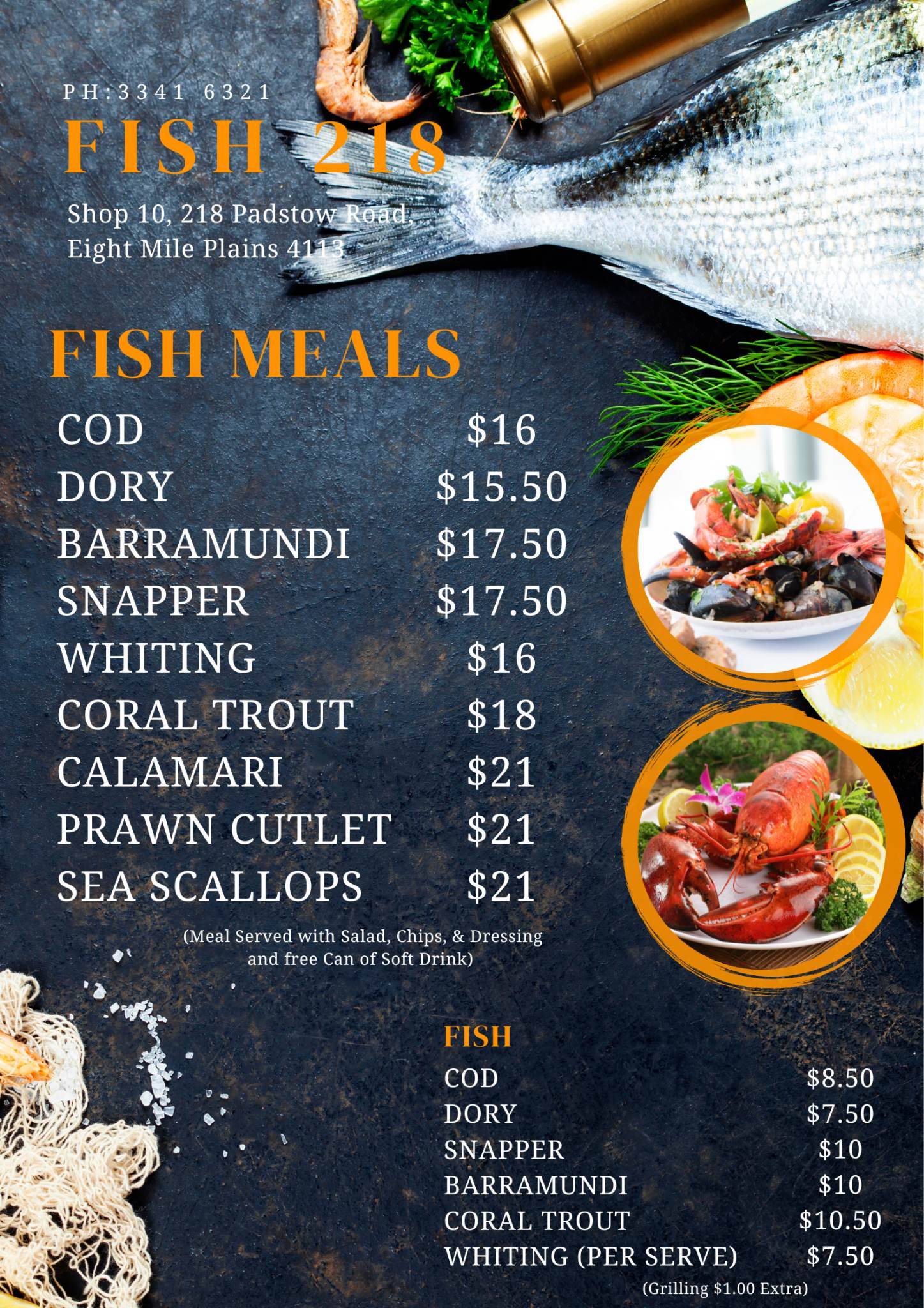 Menu at Fish 218 fast food, Eight Mile Plains