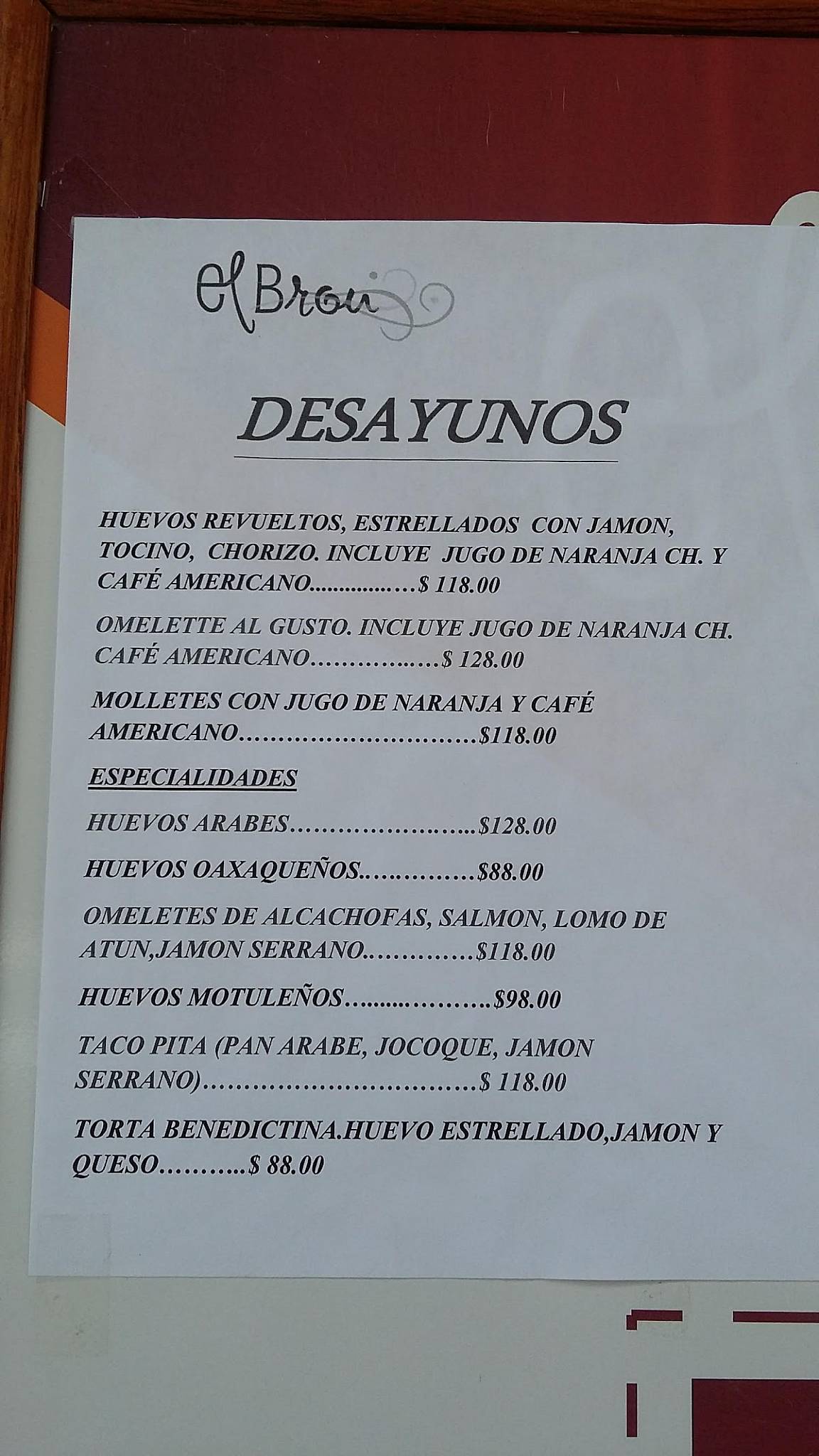 Carta del restaurante El Brou, Xalapa Enríquez
