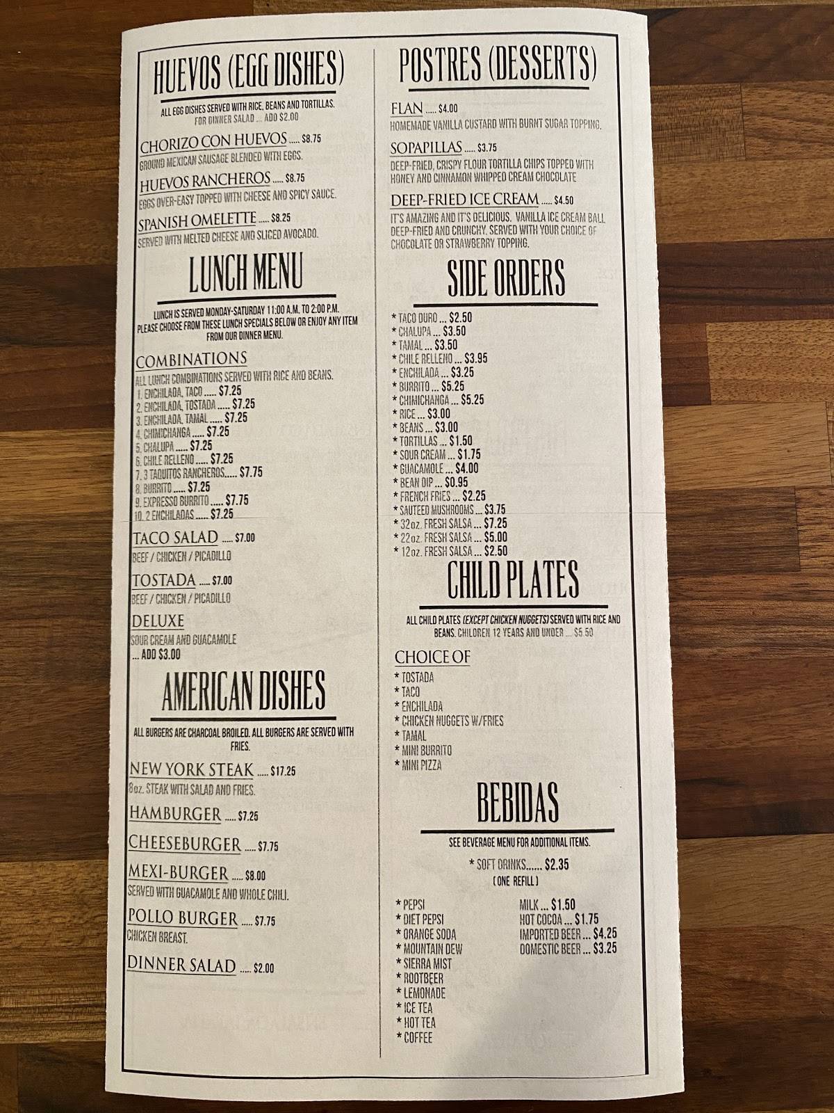 Menu at El Erradero restaurant, Baker City