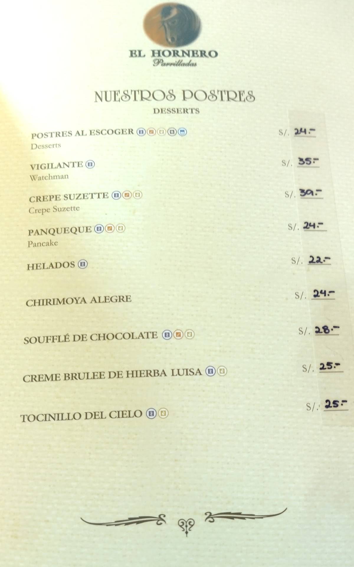 Carta del restaurante El Hornero Chorrillos, Miraflores