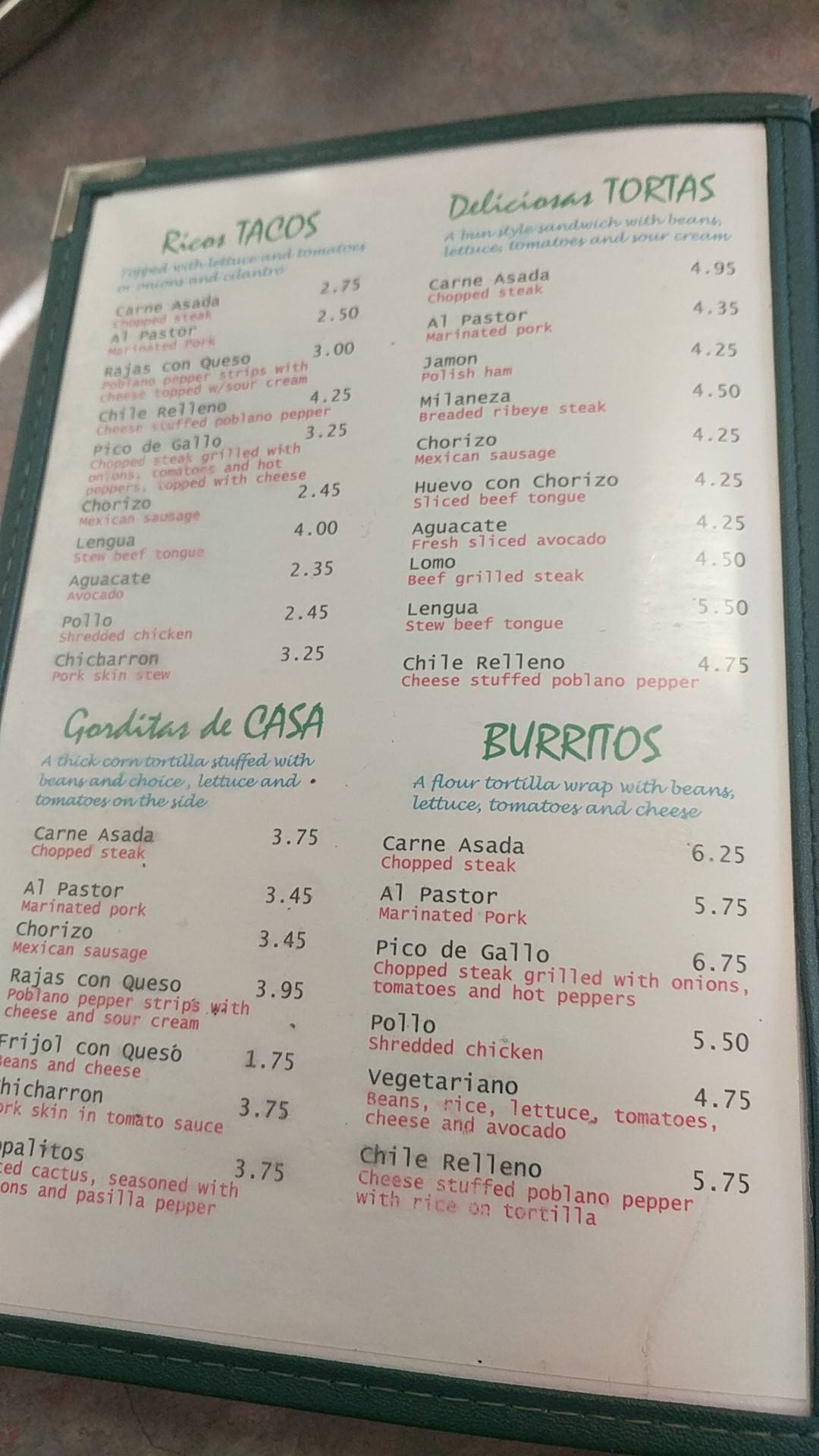 Menu at El Indio Cocina Mexicana restaurant, Chicago