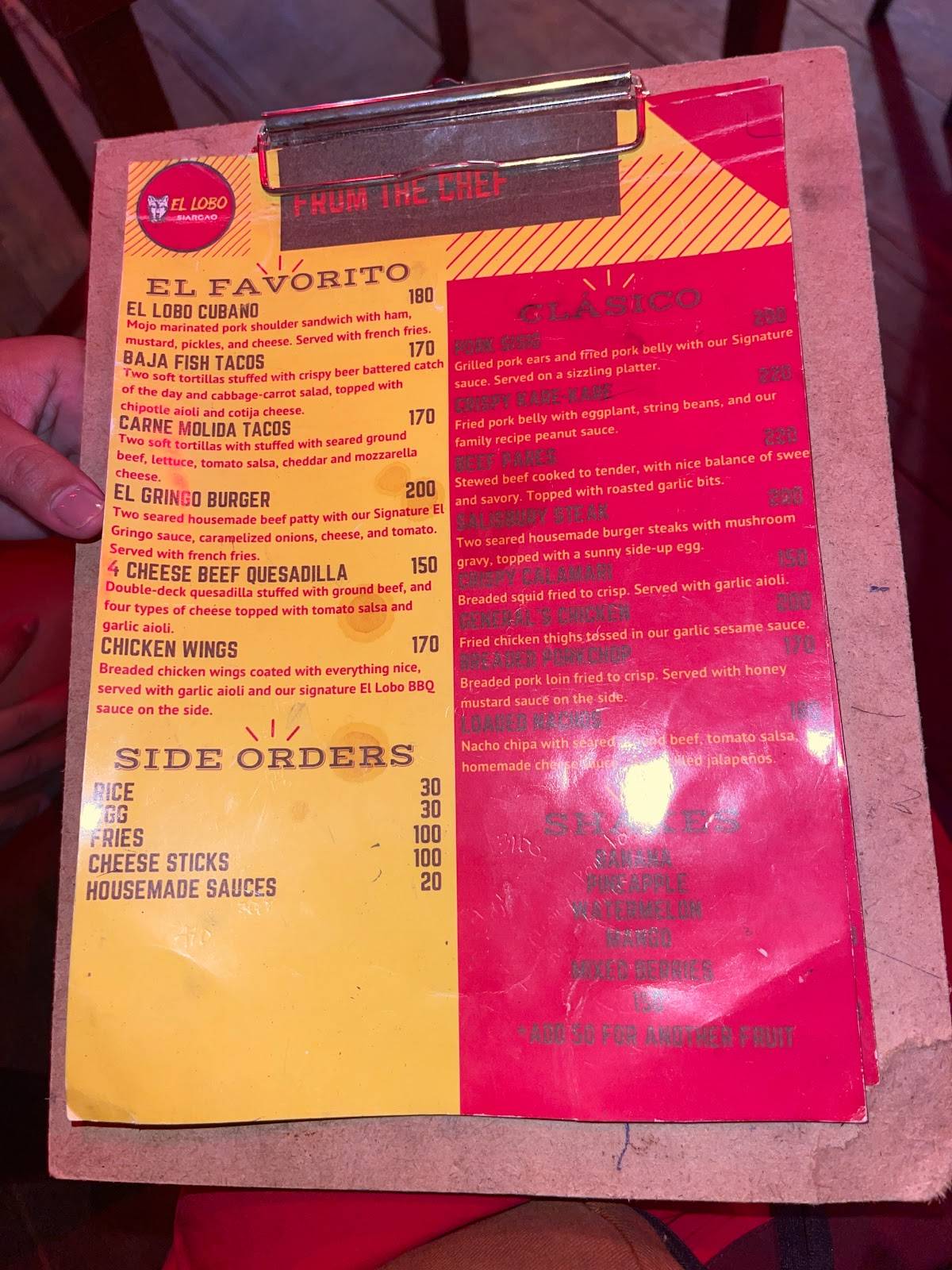 Menu at El Lobo Siargao pub & bar, General Luna