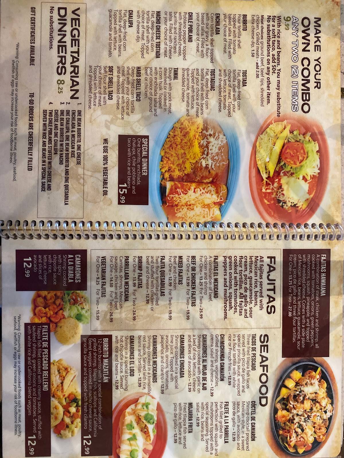 Menu at El Mexicano restaurant, Clover