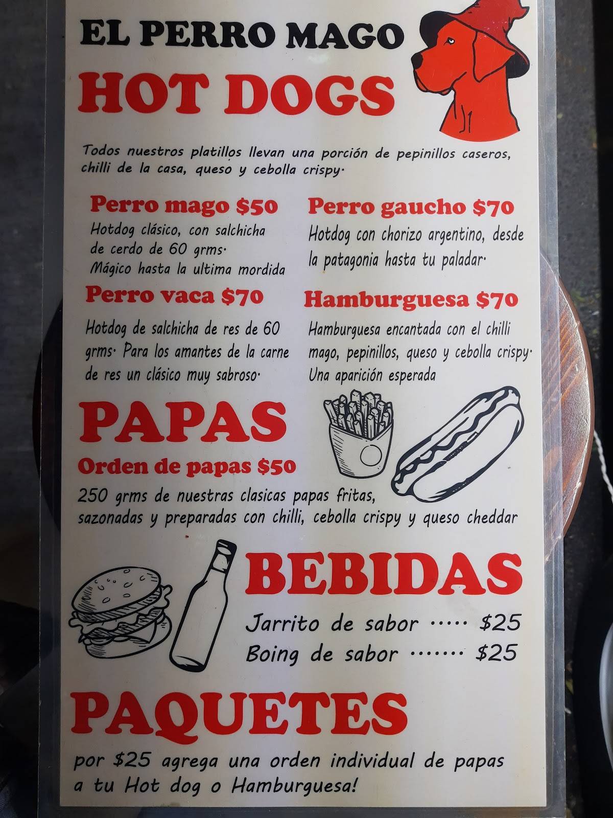 Menu at El Perro Mago Hot Dogs restaurant, Puebla City