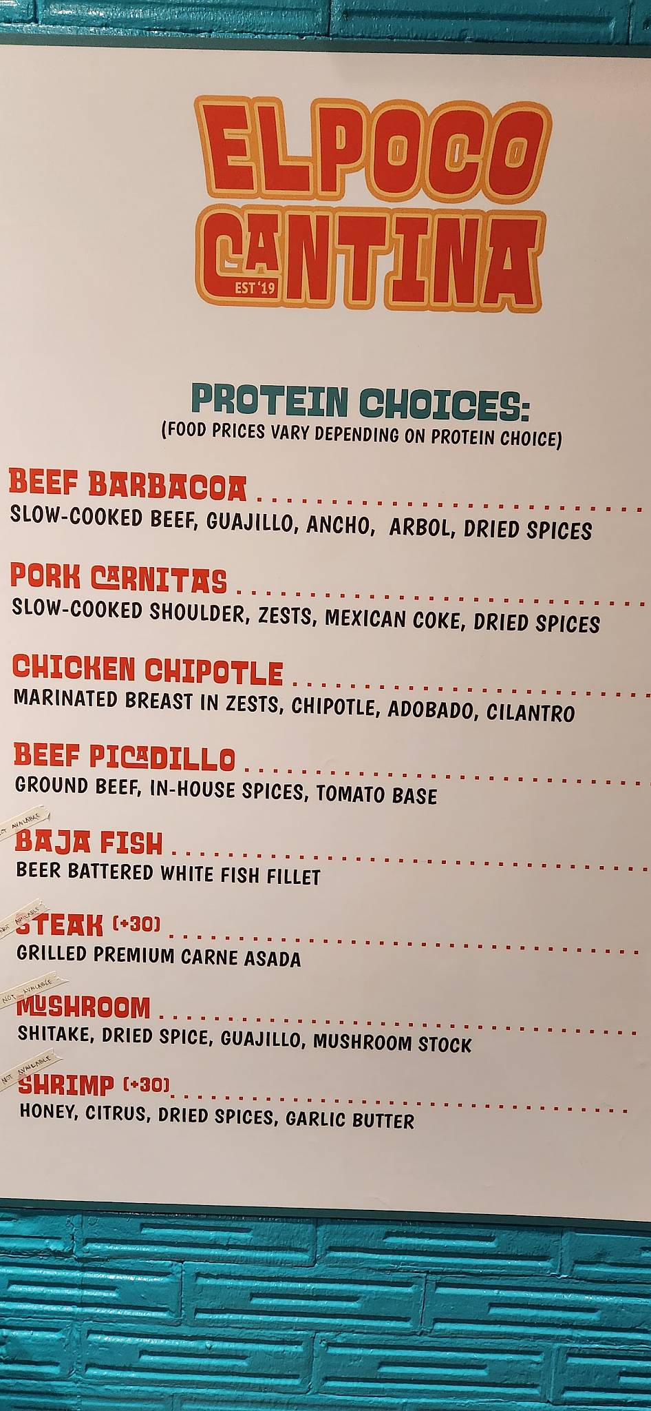 Menu at El Poco Cantina restaurant, Manila