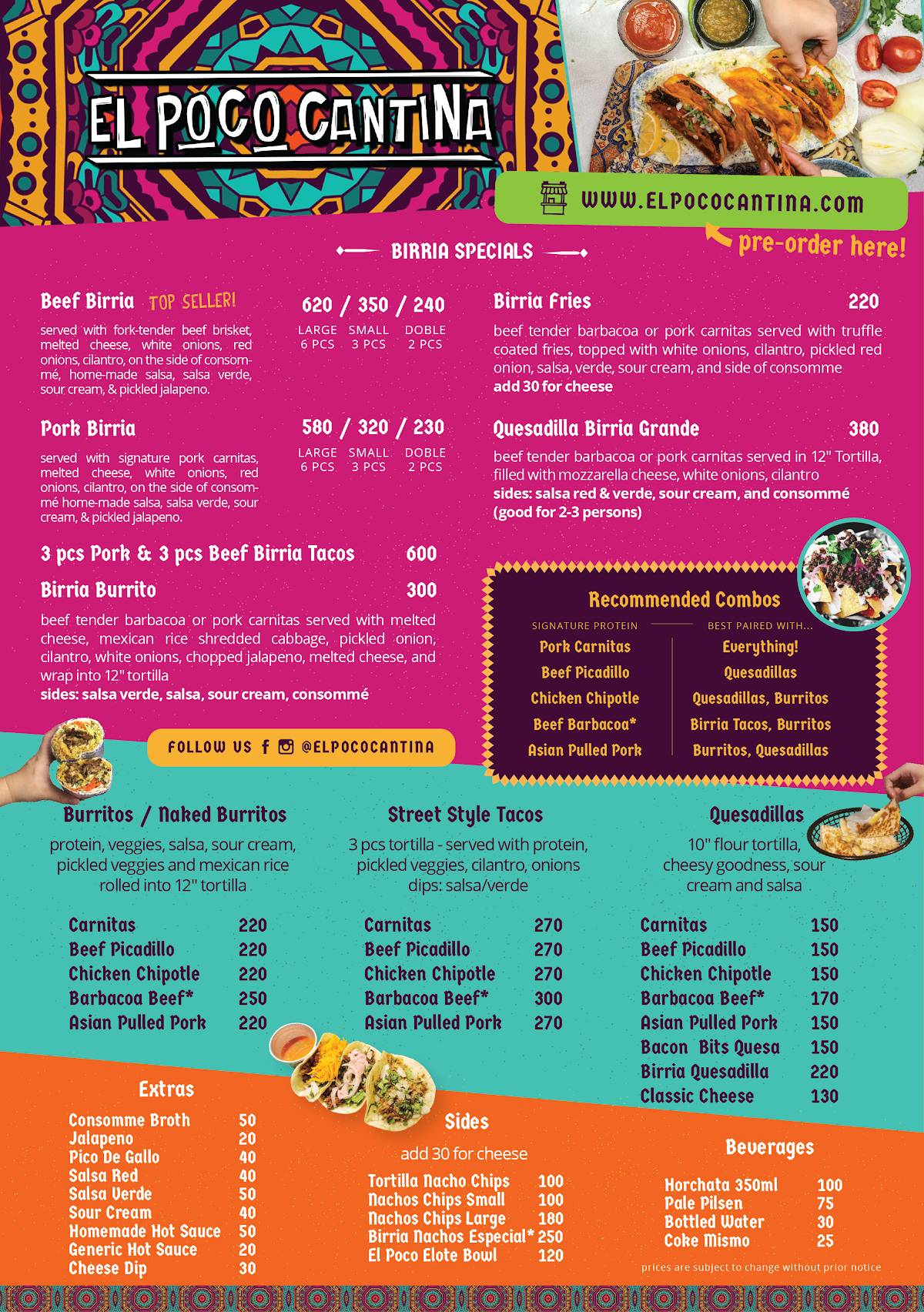 Menu at El Poco Cantina restaurant, Manila