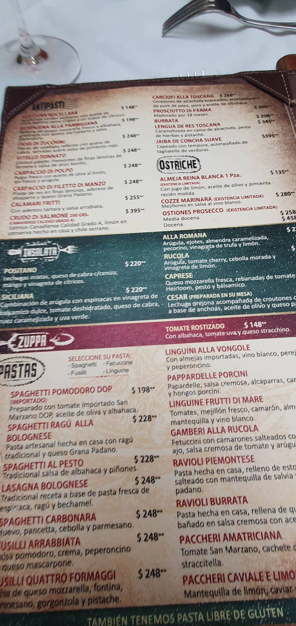 Carta del restaurante il Duomo Cocina Italiana, Santiago del Querétaro