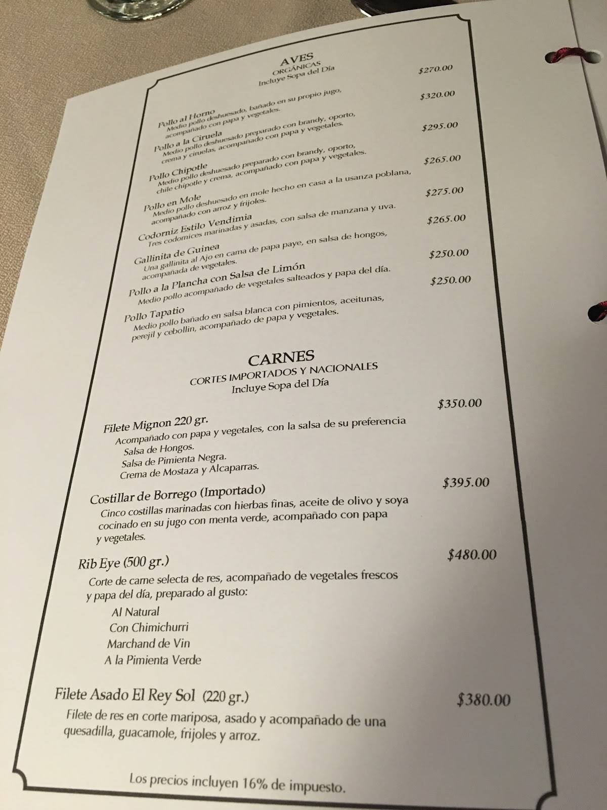 Carta de Restaurant El Rey Sol, Ensenada