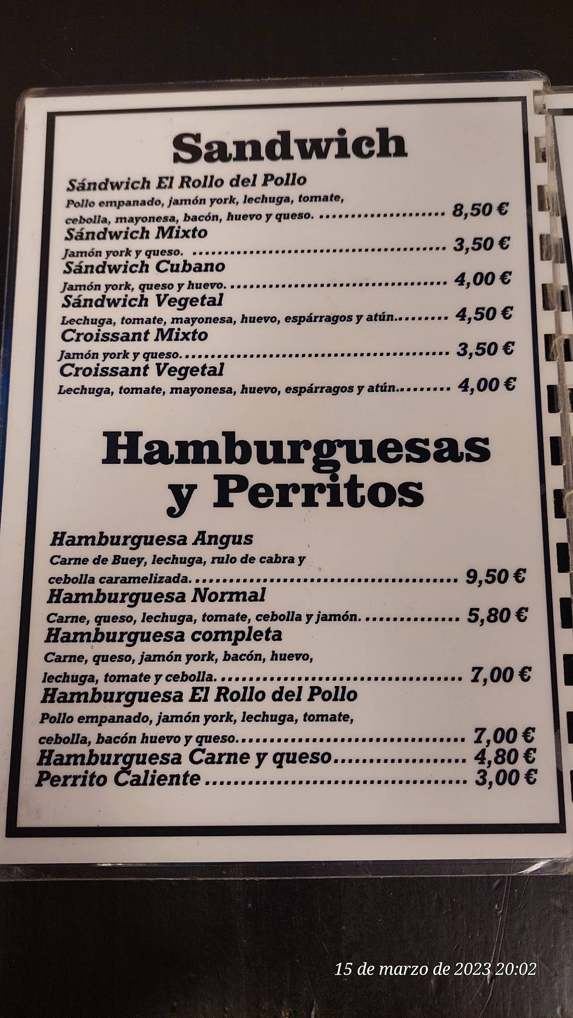 Carta del restaurante El Rollo Del Pollo, Seseña