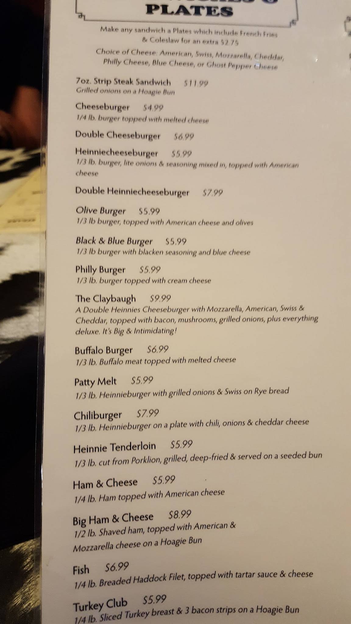 Menu at Heinnies steakhouse, Elkhart