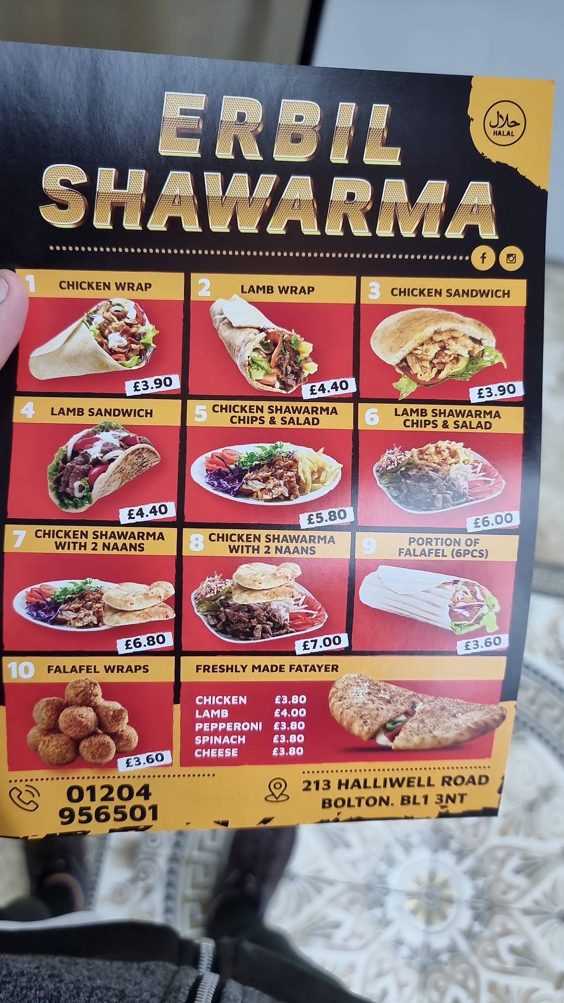 Menu at Erbil Shawarma restaurant, Bolton