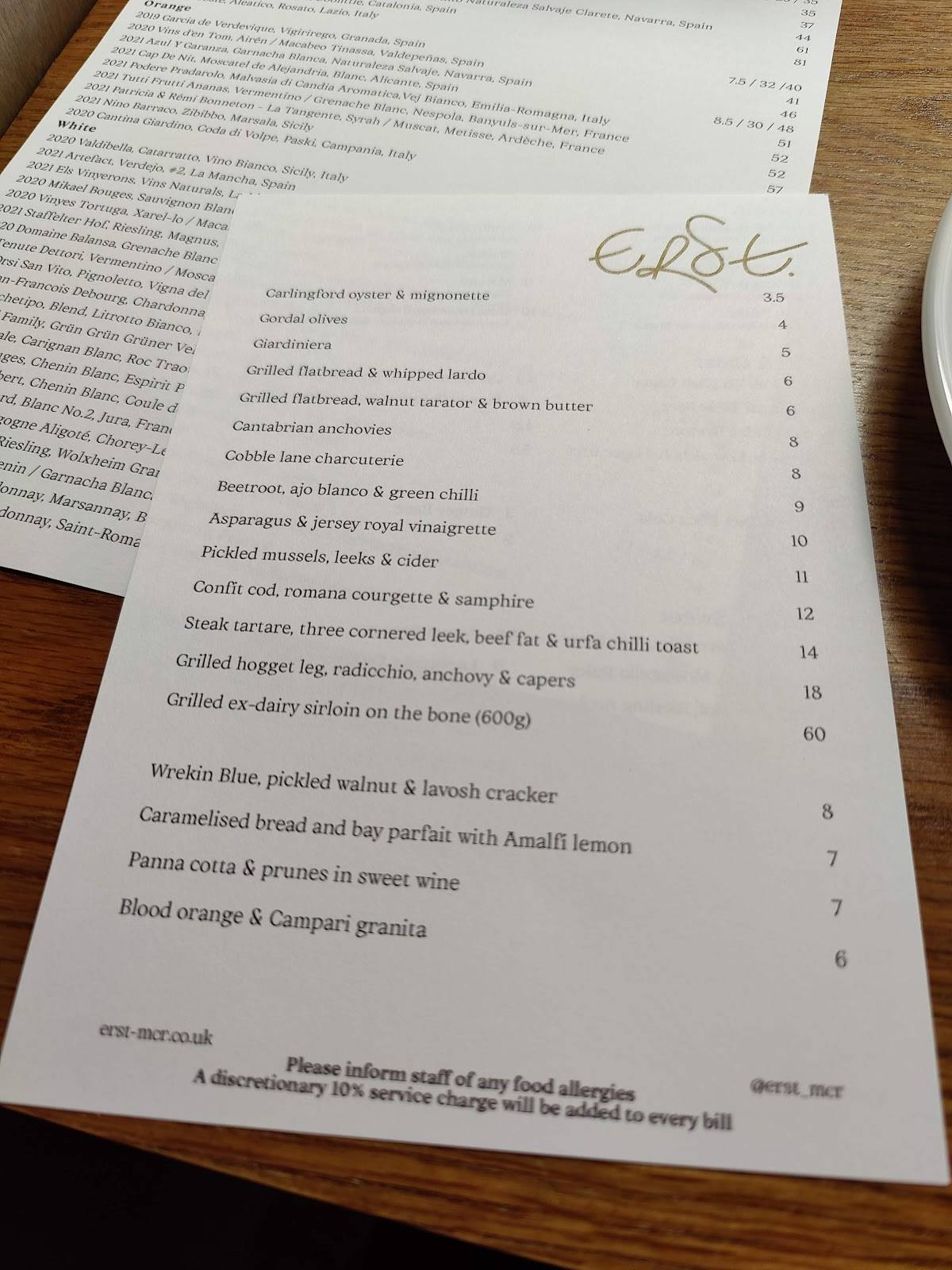 Menu at Erst pub & bar, Manchester